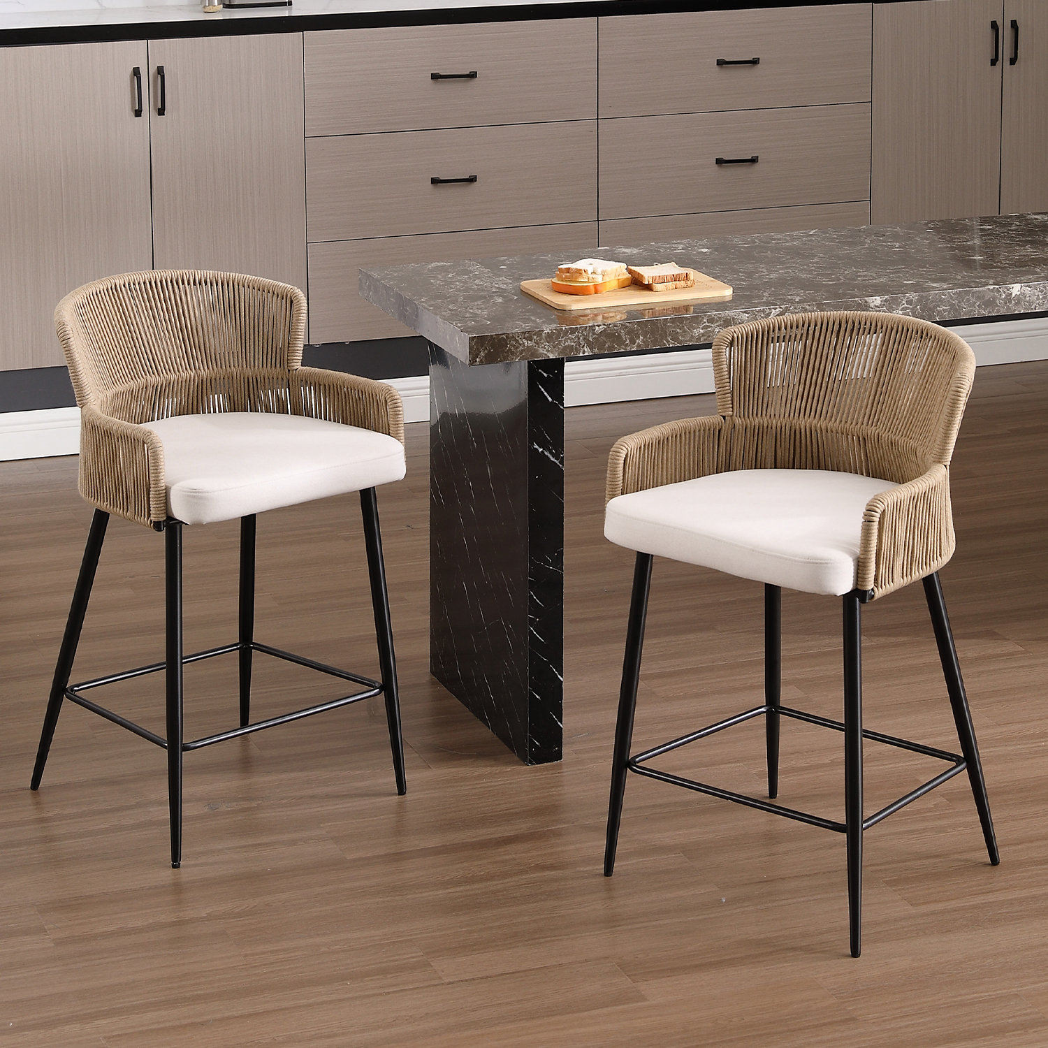 George Oliver Wicker Woven Back Counter Stool With Stirrups And Arms ...