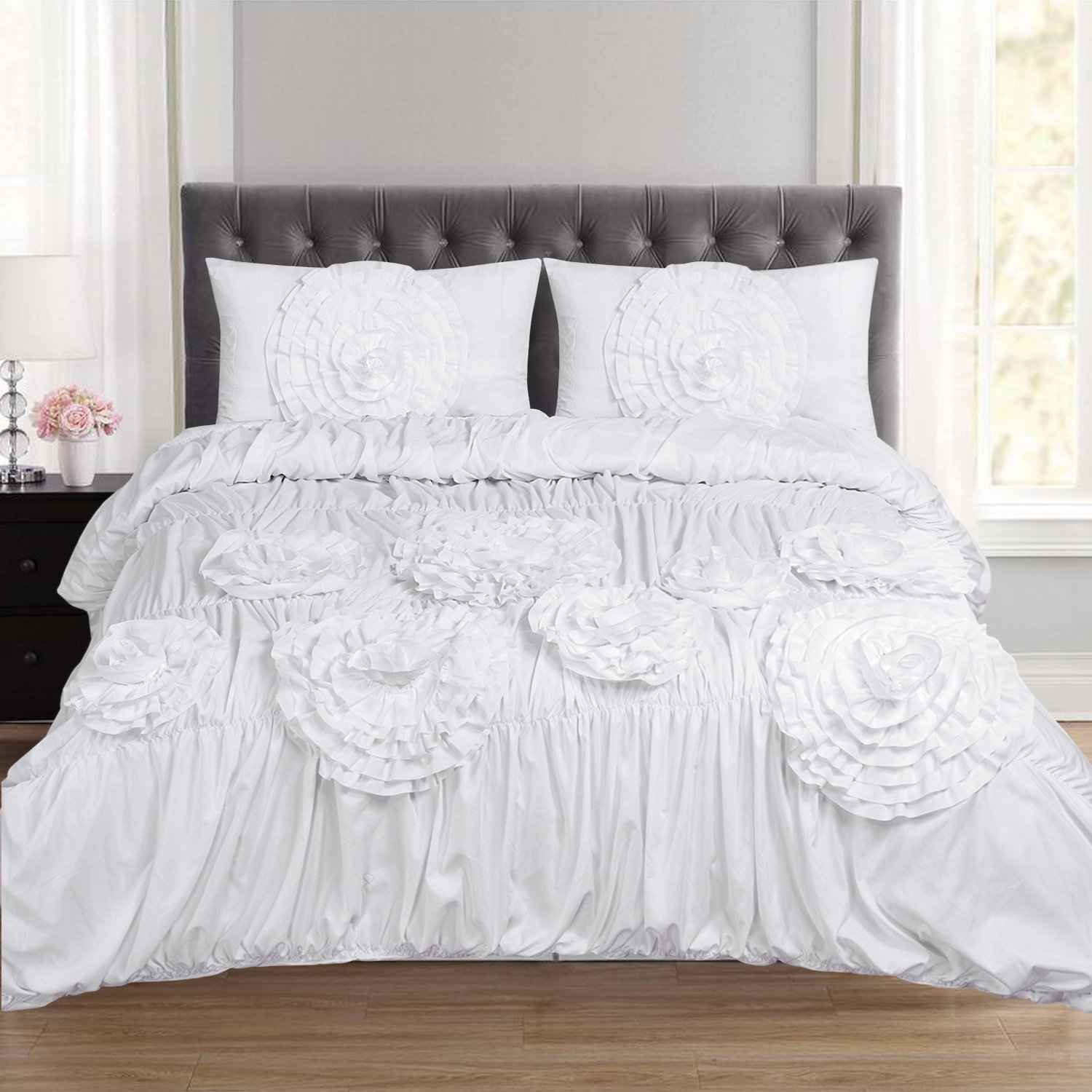 House of Hampton® Talitha Ruched Fancy Floral 3 Piece Duvet Cover Set ...