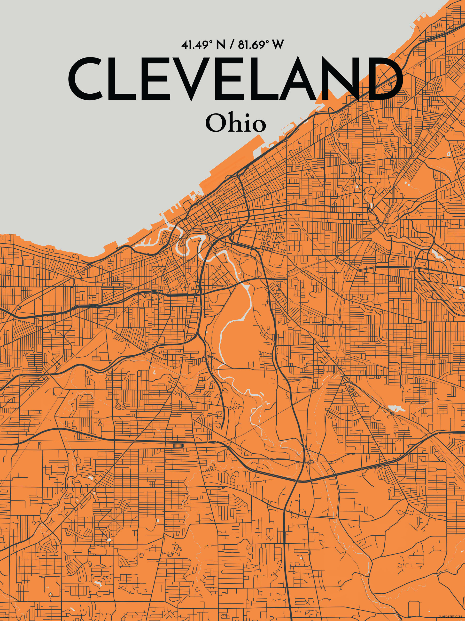 OurPoster.com 'Cleveland City Map' Graphic Art Print Poster in Orange ...