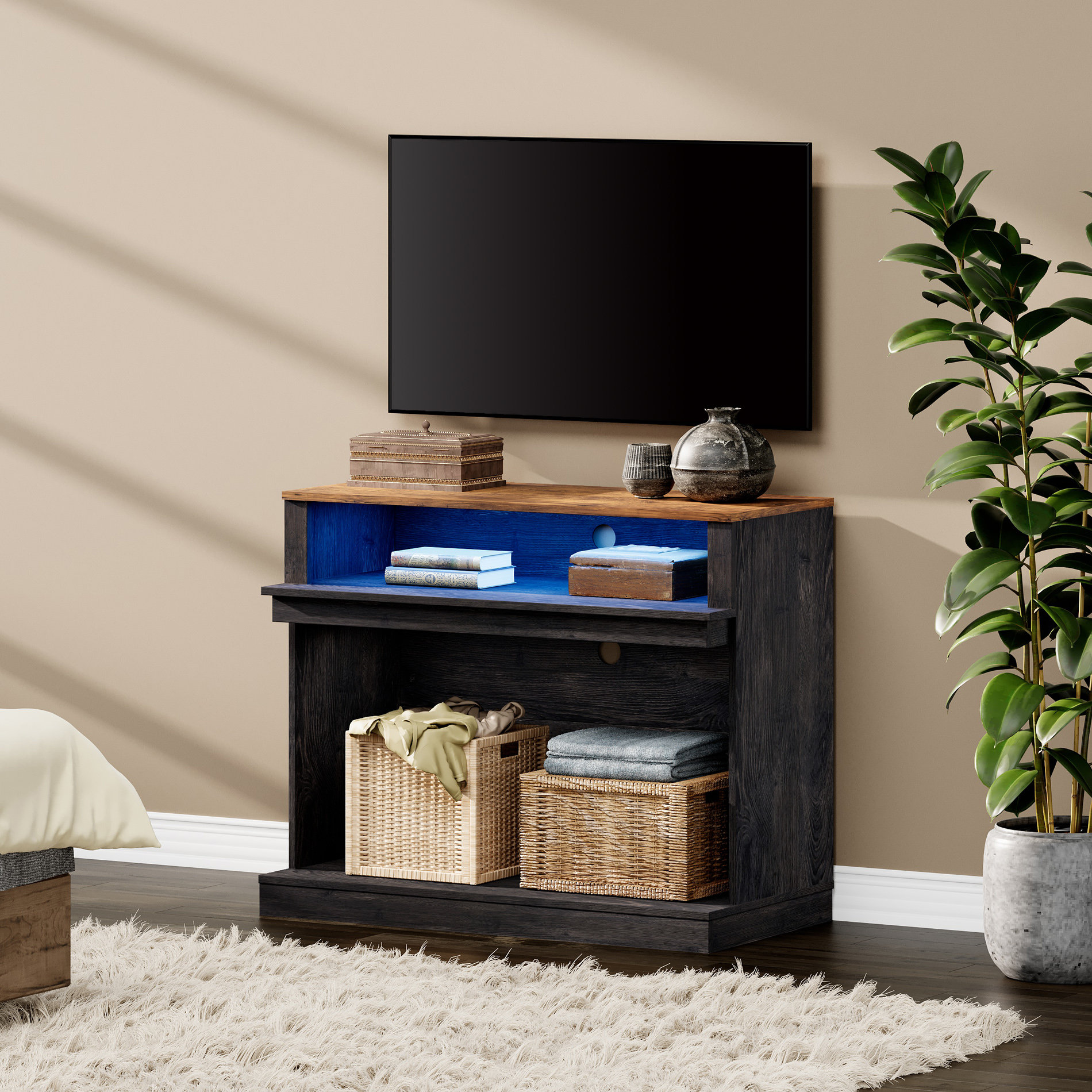 Ivy Bronx Farmhouse TV Stand For 45 Inch TV With Blue LED Light ...