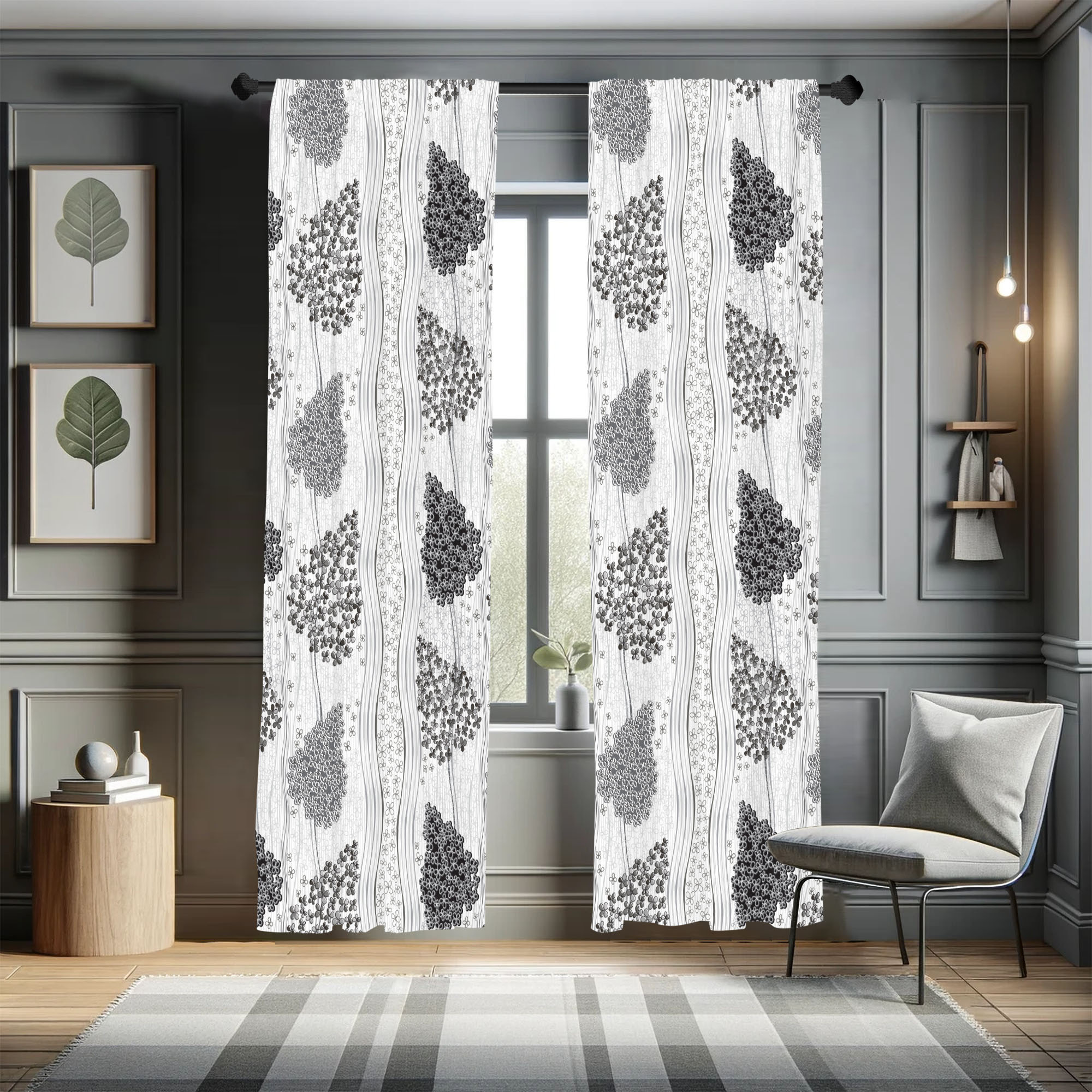 Ebern Designs Geometric Curtains, Flowers and Curly Stripes, Pair of 28 ...