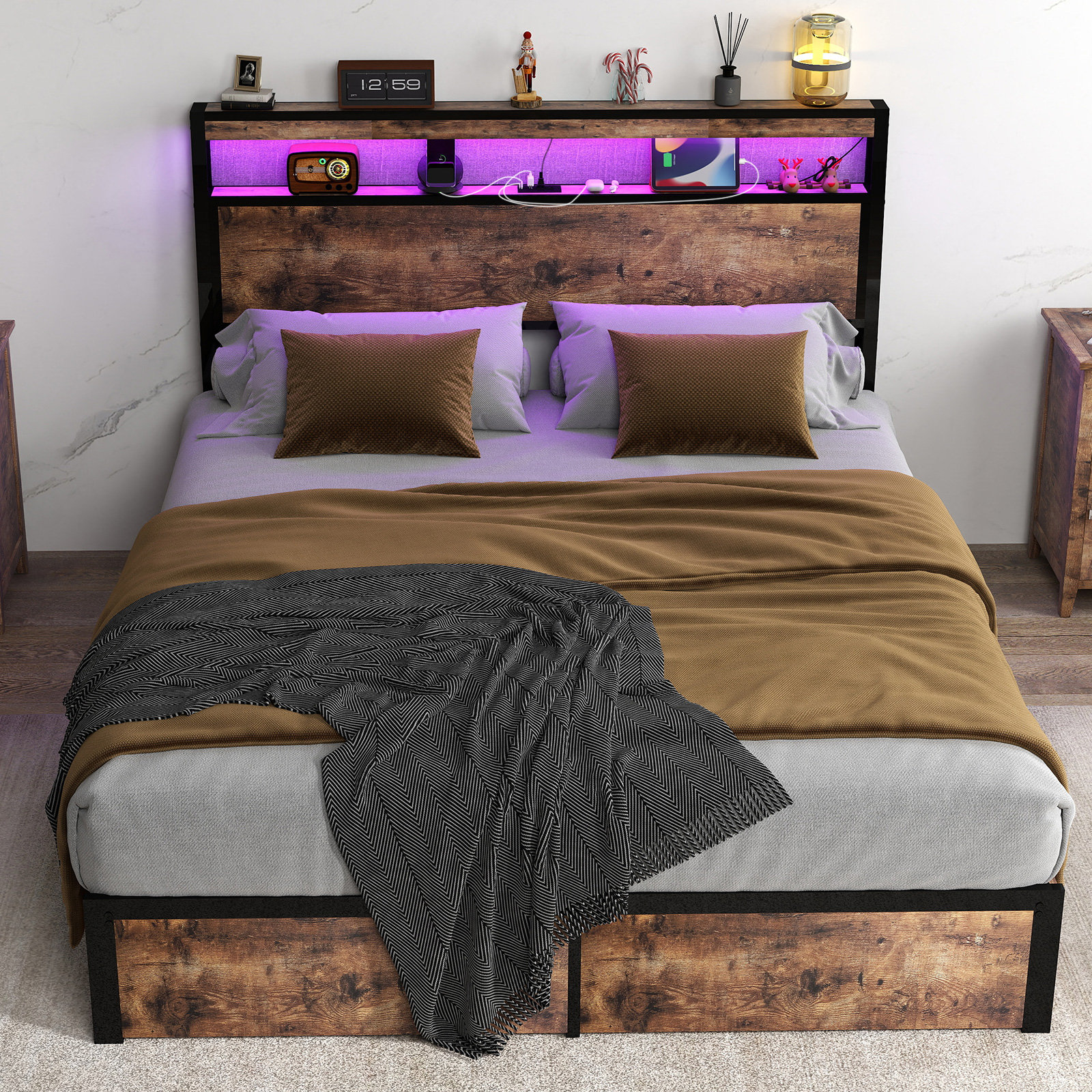 Wrought Studio™ Queen Full Bed 4 Storage Drawers 2 Tier LED Lights ...