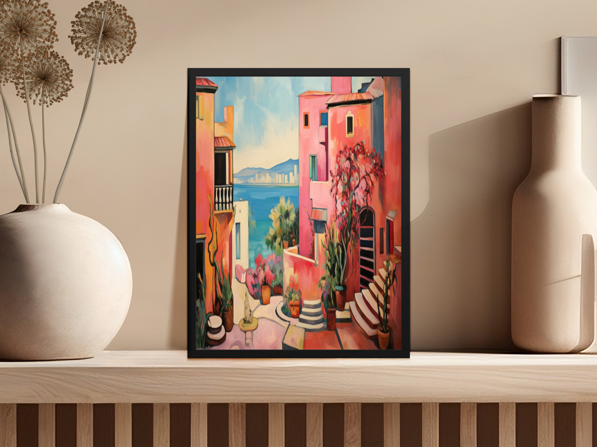 Brayden Studio Pink Buildings with Ocean View Artistic Rendition Framed ...