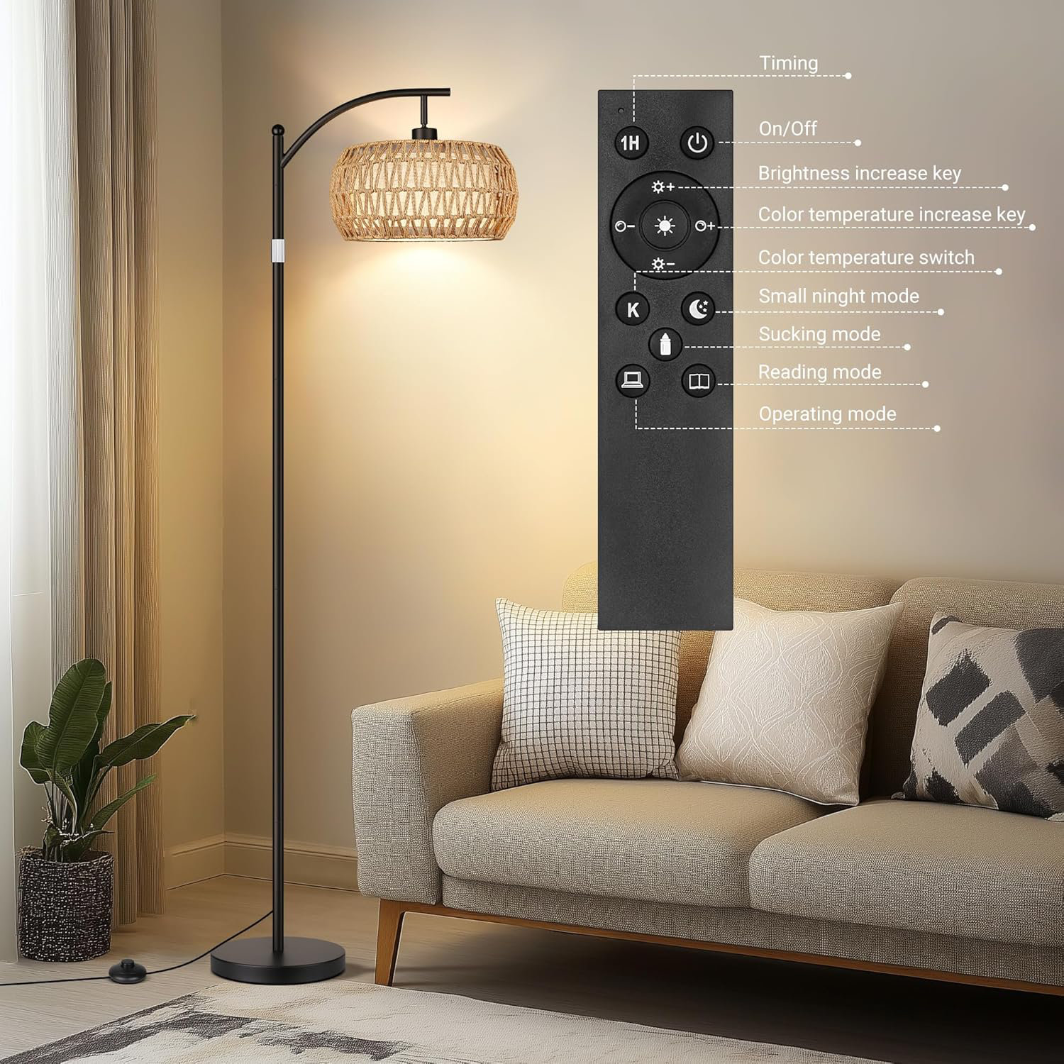 Bay Isle Home™ Boho Floor Lamp With Dimmable Bulb, Rattan & Linen ...