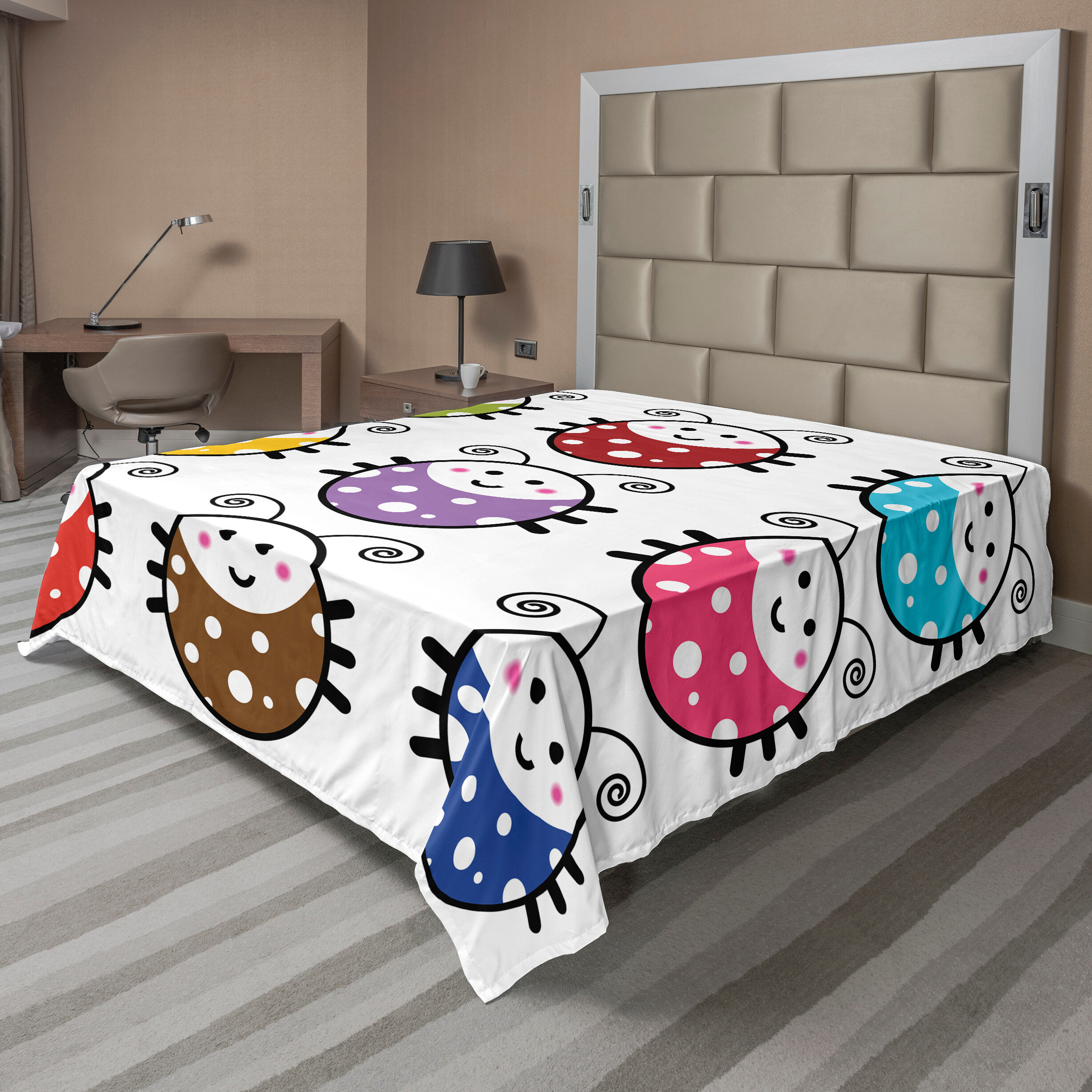 Ambesonne Cartoon Top Flat Sheet Smiling Ladybugs Set Queen Multicolor ...