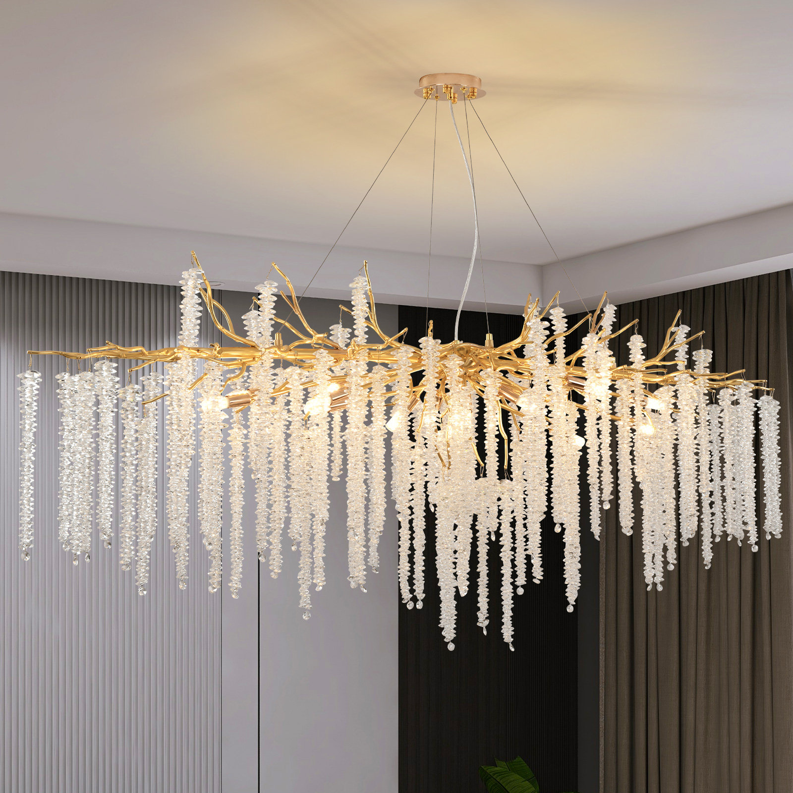 Akari Lanterns Akari Tree Branch Glass Art Gold Tassels Chandelier ...