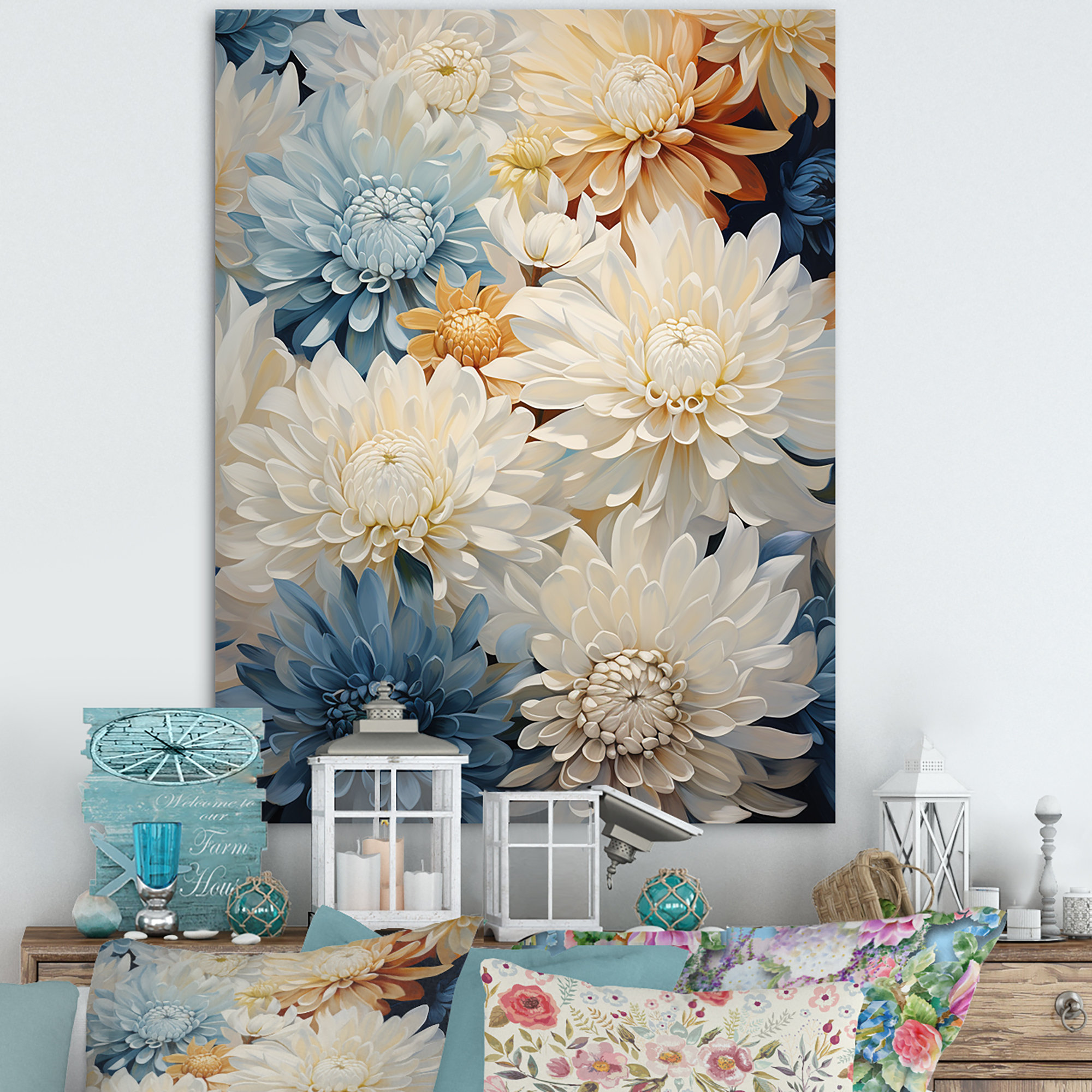Design Art White And Blue Mums Fragrant Elegance II On Canvas Print ...