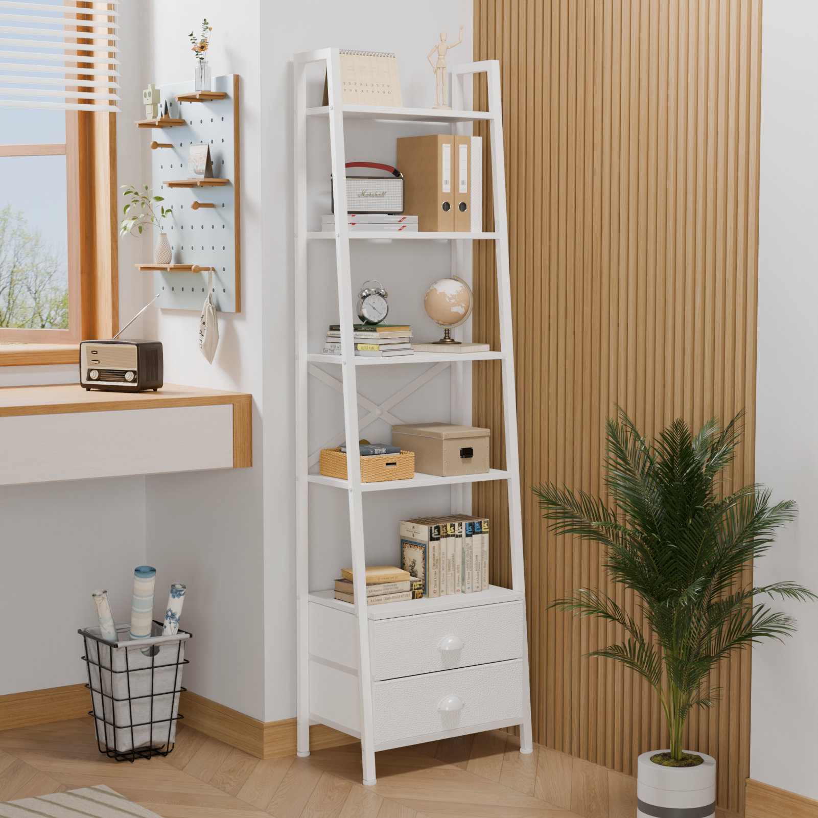 Furco 4/5-Tier Ladder Bookcase 52/63 in. H with 2 Drawers Freestanding ...