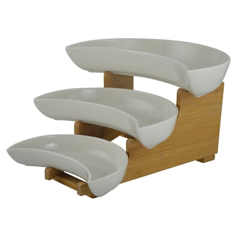 Corrigan Studio® Gormley 3 Tier Ceramic Serving Trays with Bamboo Stand ...