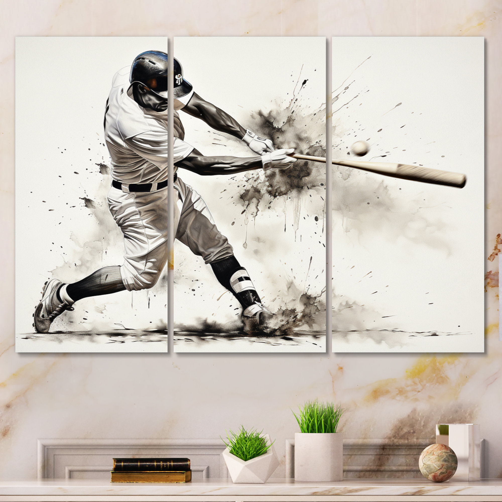 Winston Porter Baseball Minimal Swing II On Canvas 3 Pieces Print | Wayfair