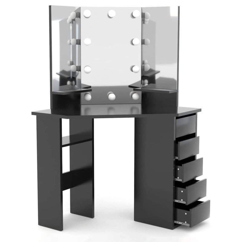 Latitude Run Adest Tri-Fold Mirror Dressing Table with 5 Drawers and 3 ...