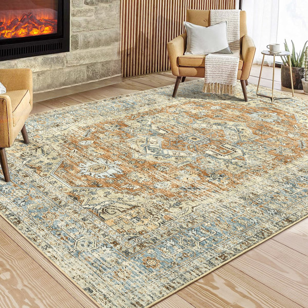 Bungalow Rose Ruelu Washable Vintage Floral Area Rug for Living Room ...