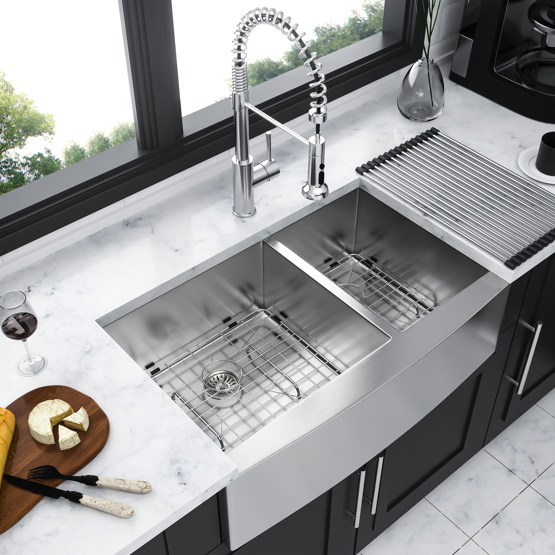 TUOXIN 36" X 20" 9" Double Bowl 60/40 Stainless Steel 16 Gauge Apron ...
