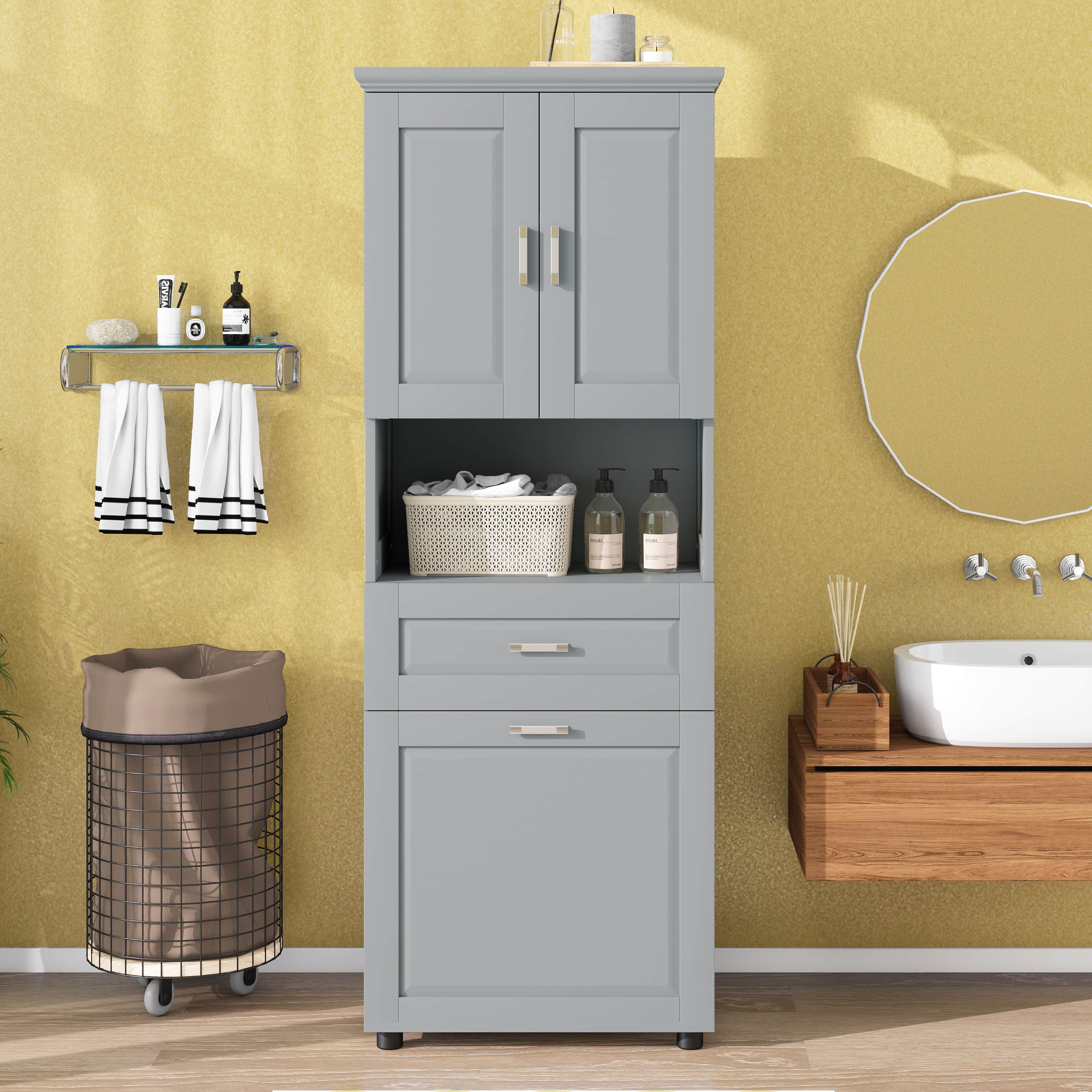 Red Barrel Studio® Tall Bathroom Cabinet With Tilt-Out Laundry Hamper ...