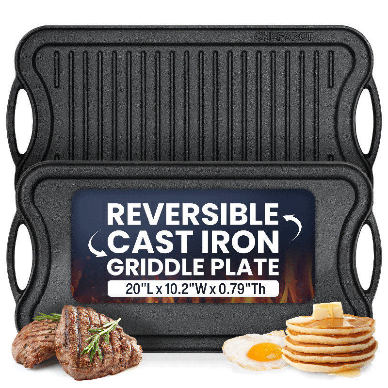CHEFSPOT Preseasoned Cast Iron Reversible Grill Griddle Plate Pan - 20 ...