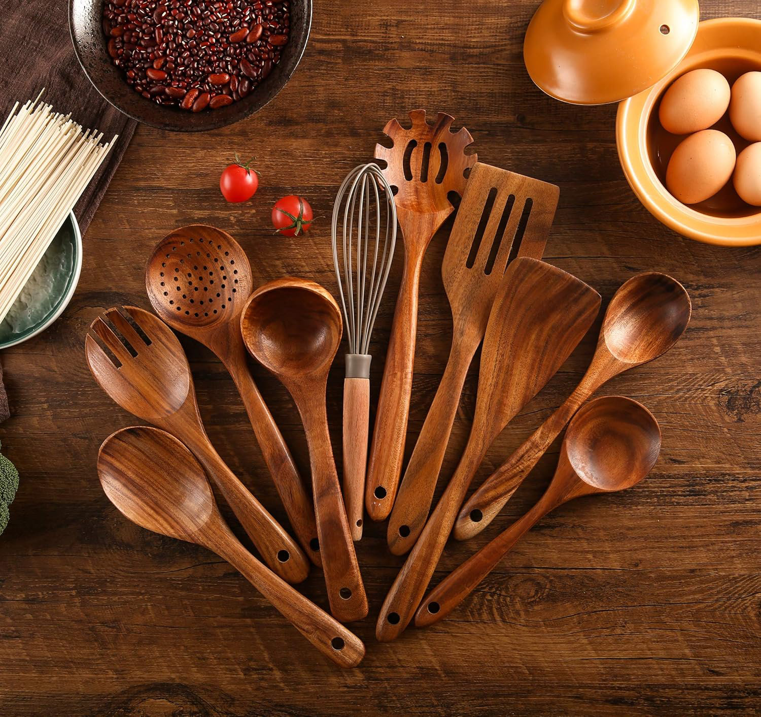 WKING 11-Piece Teak Wooden Kitchen Utensils Set With Stainless Steel ...