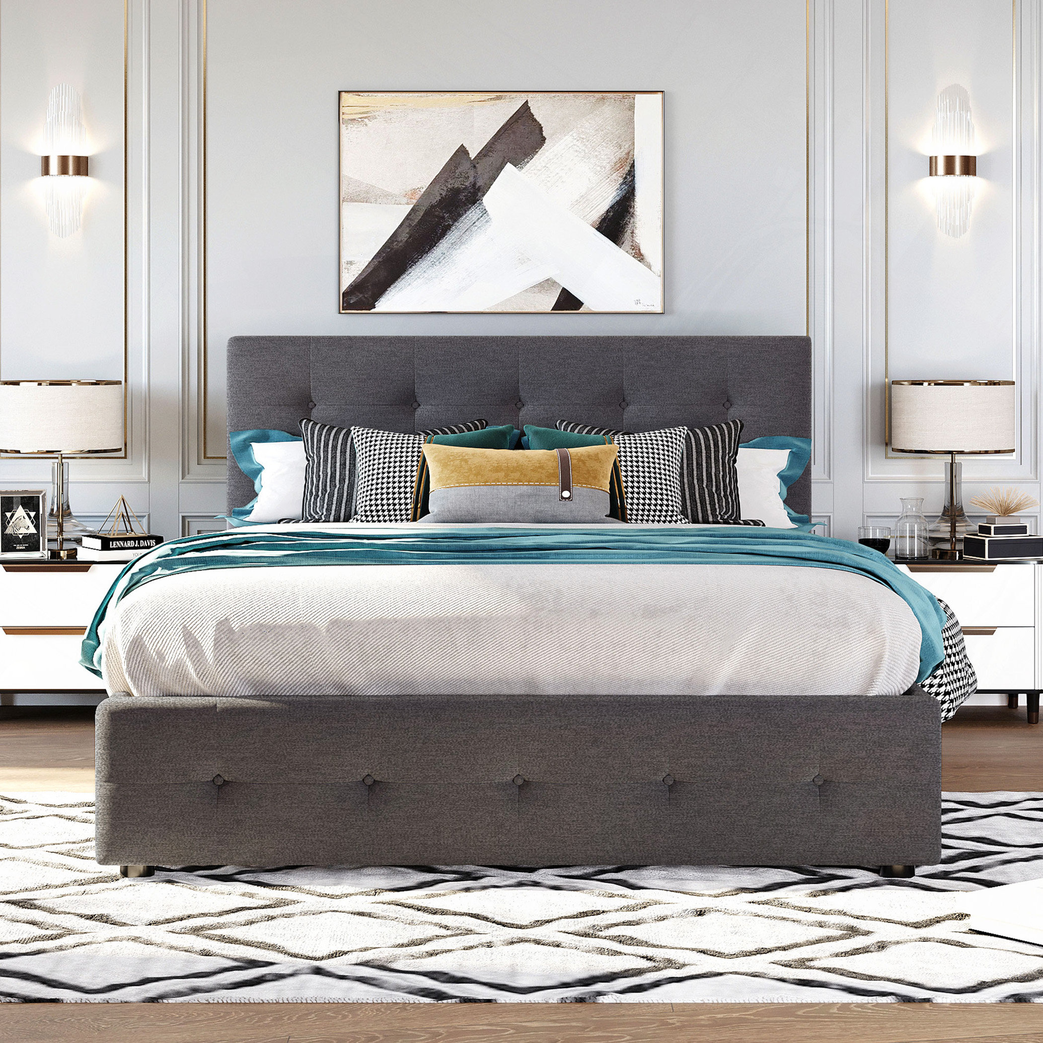 MIAMI CUSTOM FURNITURE & UPHOLSTERY LLC Modern Bed, Upholstered Platform Bed With 2 Drawers And ...