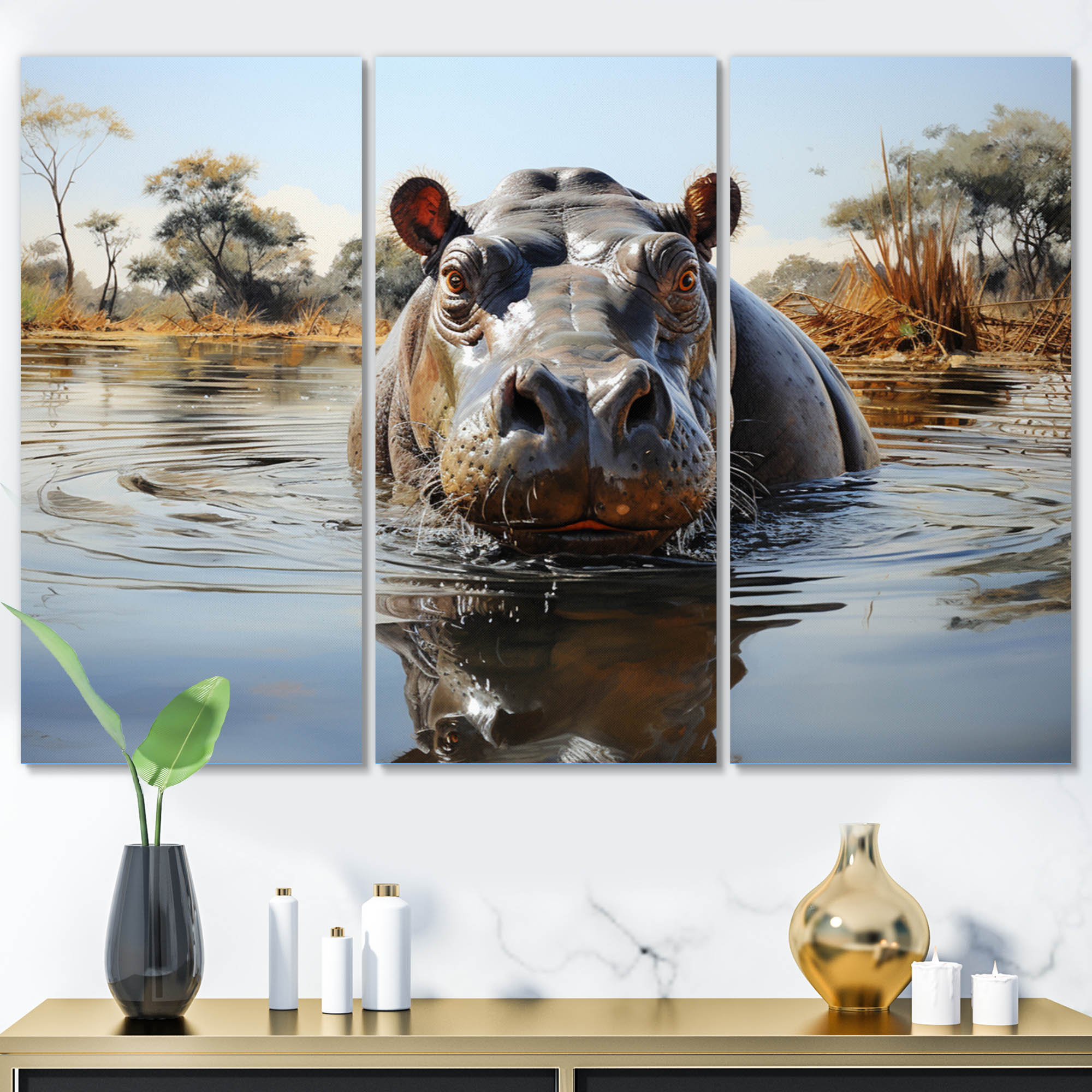Ebern Designs Hippopotamus Rivers Behemoth - Animals Wall Art Print Set ...