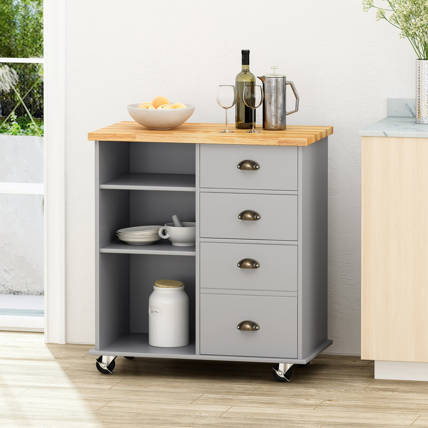 Winston Porter Kitchen Island with Wheels, four drawers and two open ...