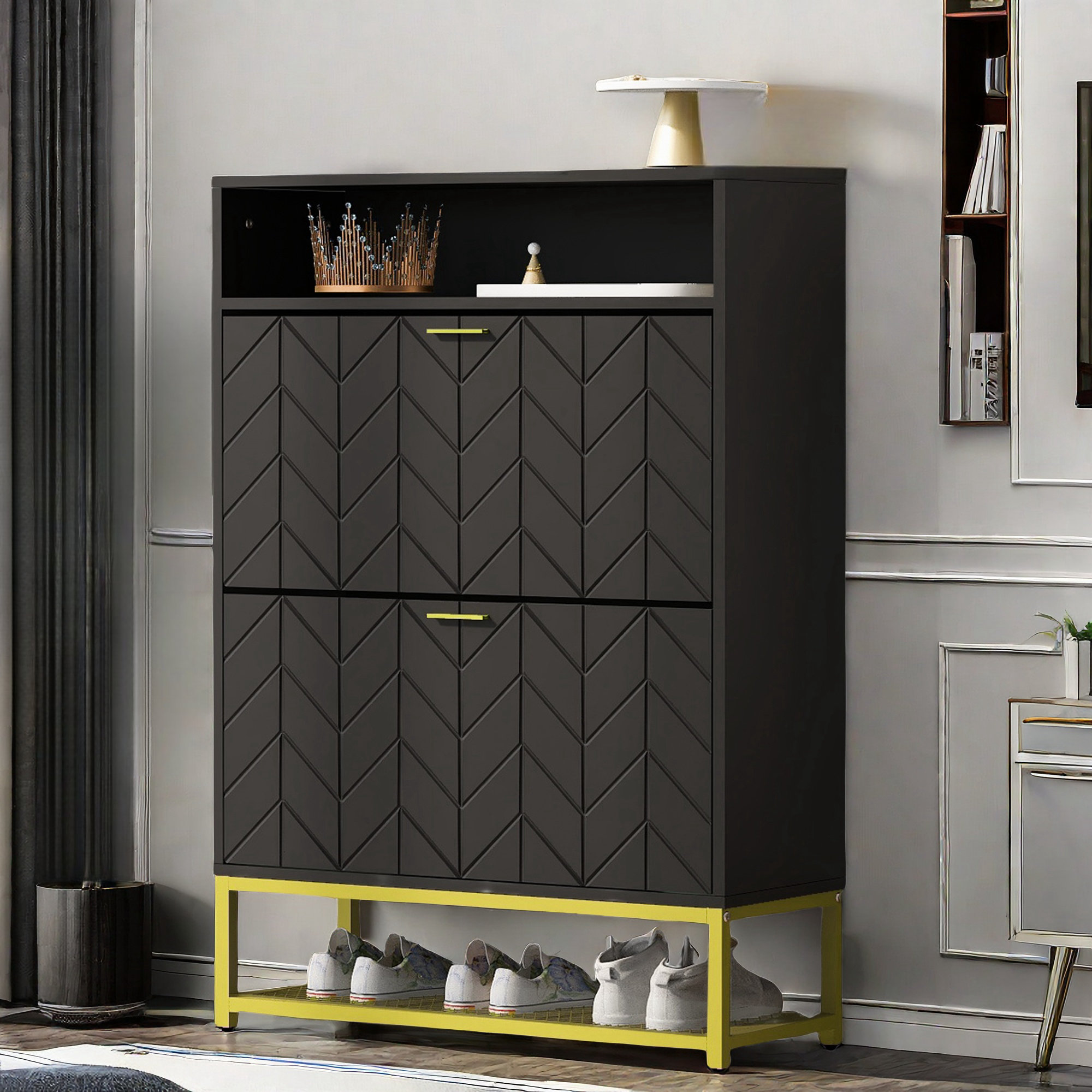 Everly Quinn Shoe Cabinet With 2 Flip Drawers, 2 Shelves And Golden ...