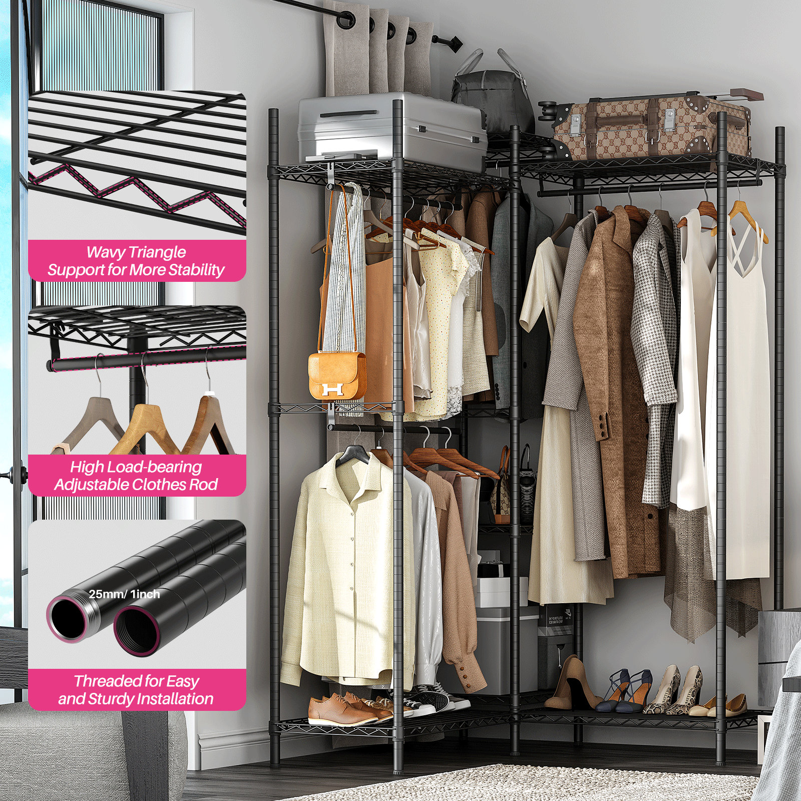 Rebrilliant Heavy Duty Closet Clothes Rack, Wire Garment Rack With 4 ...