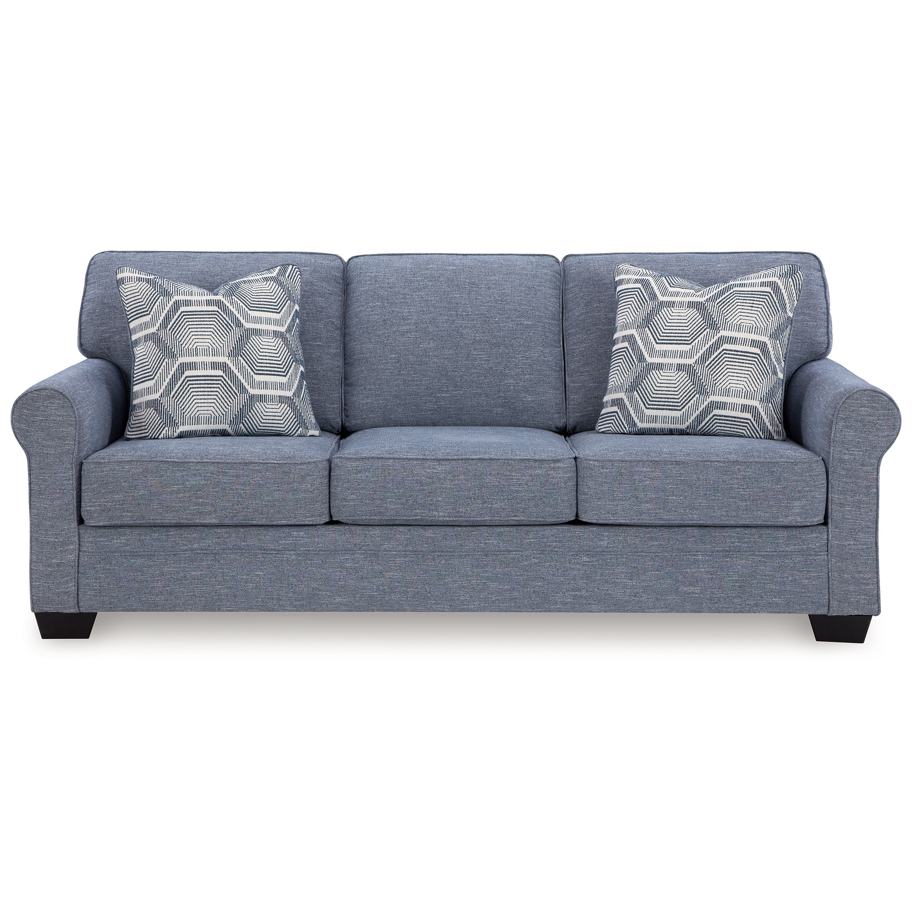 Benjara Sano Sofa, Denim Blue Polyester, 2 Accent Throw Pillows, 88 ...