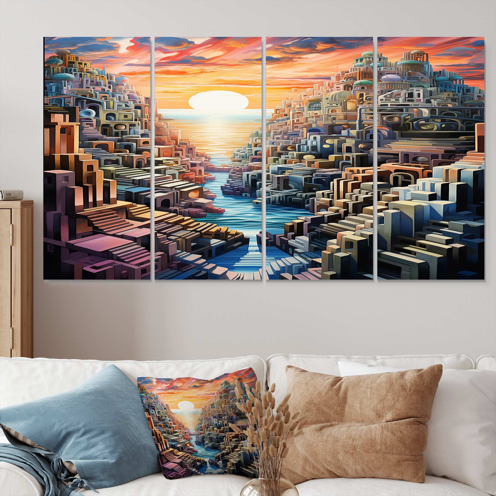 Design Art Geometric Future City River - Waves Wall Art Decor 4 Piece ...