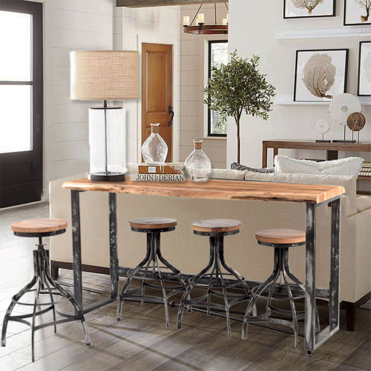 Design Gallerie Live Edge Console Table with 4 Adjustable Stools, Made ...