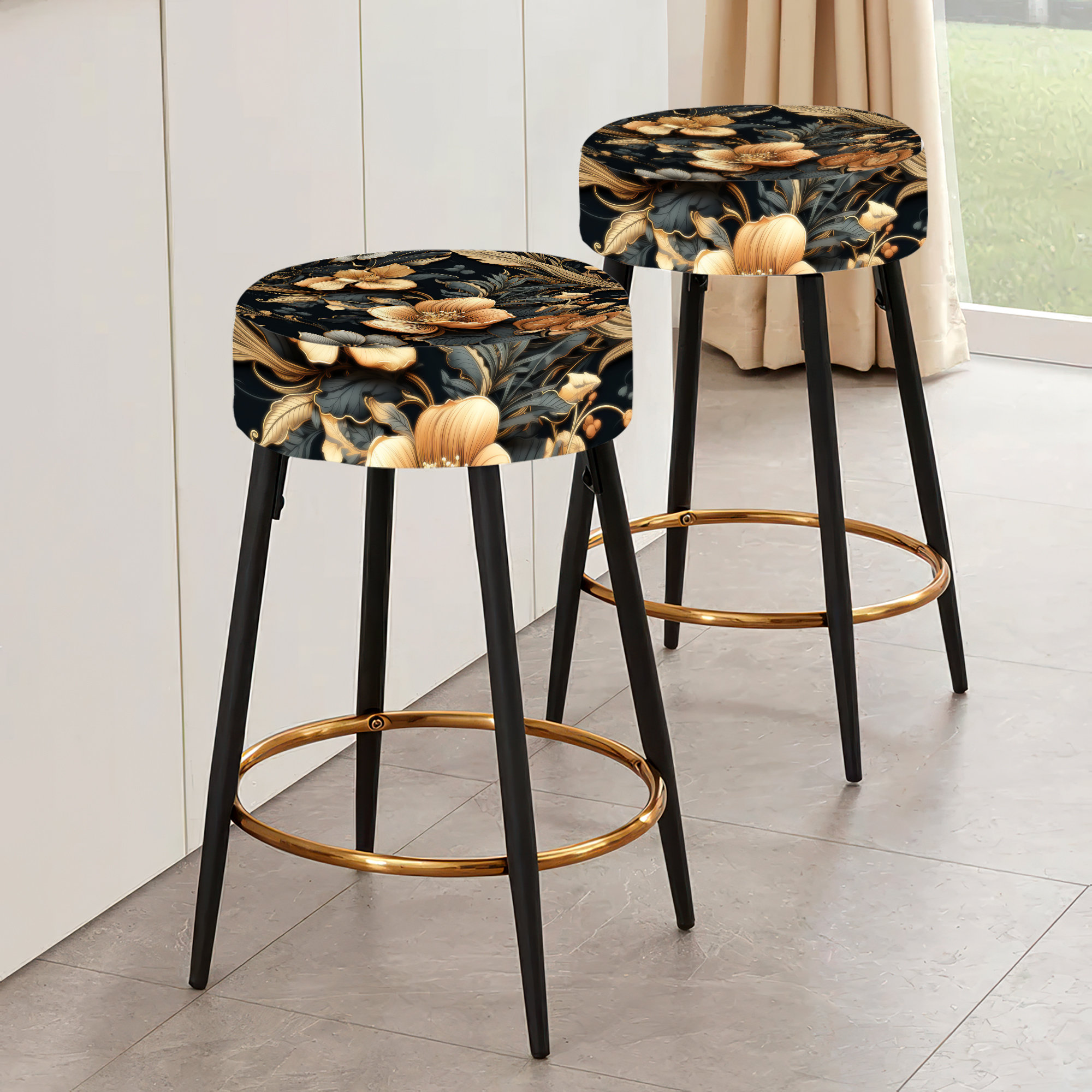Design Art Vintage Noir Moody Patterns - Floral Bar Stools Set Of 2 ...