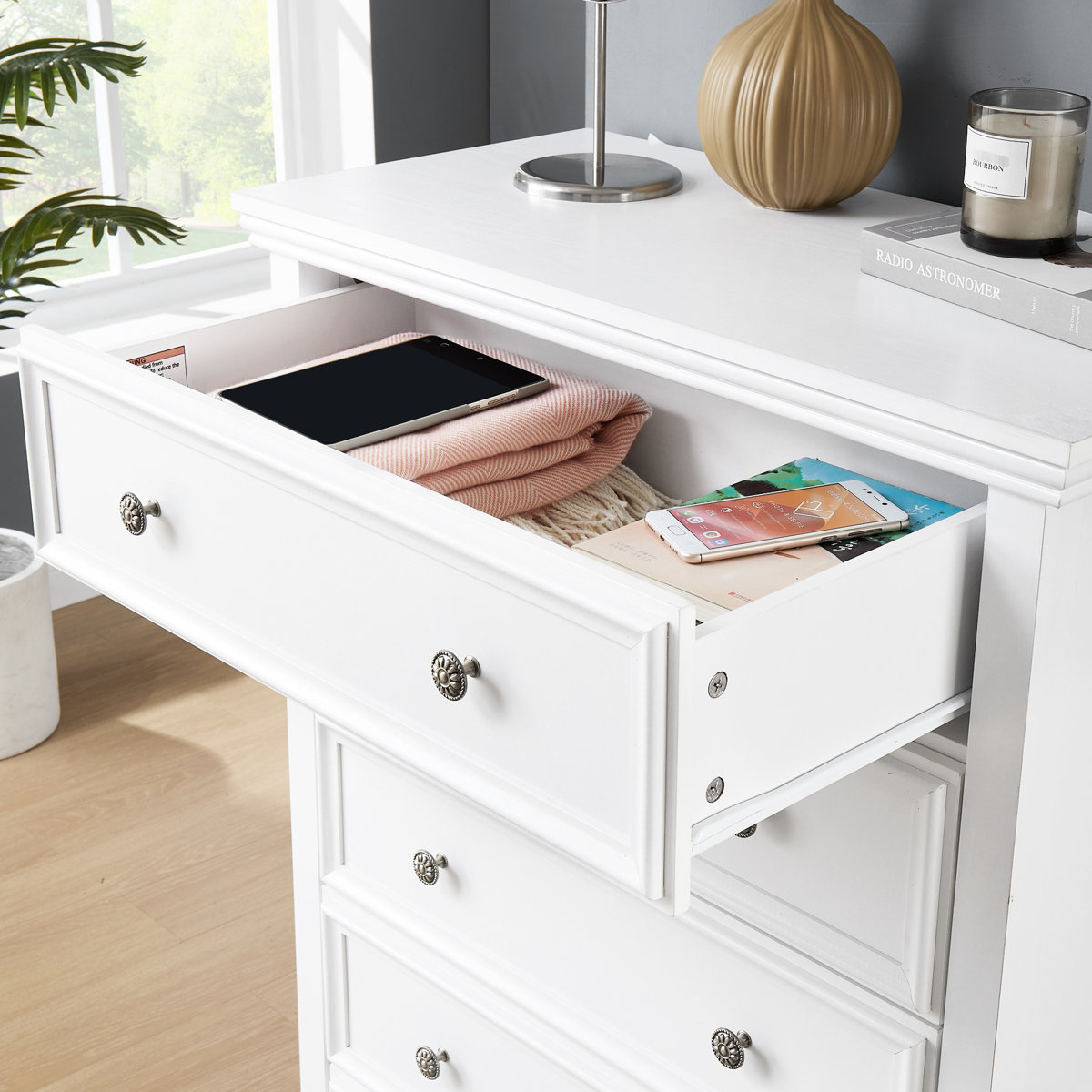 Latitude Run® Spacious White Dresser. 5 Drawer Cabinet With Stable ...