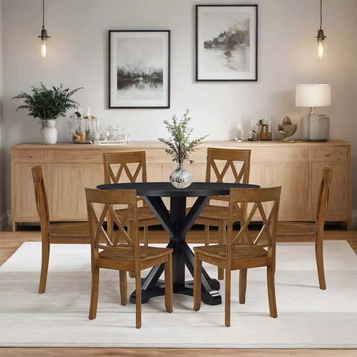 August Grove® Rustic Farmhouse Round Dining Table Set With Solid Wood ...