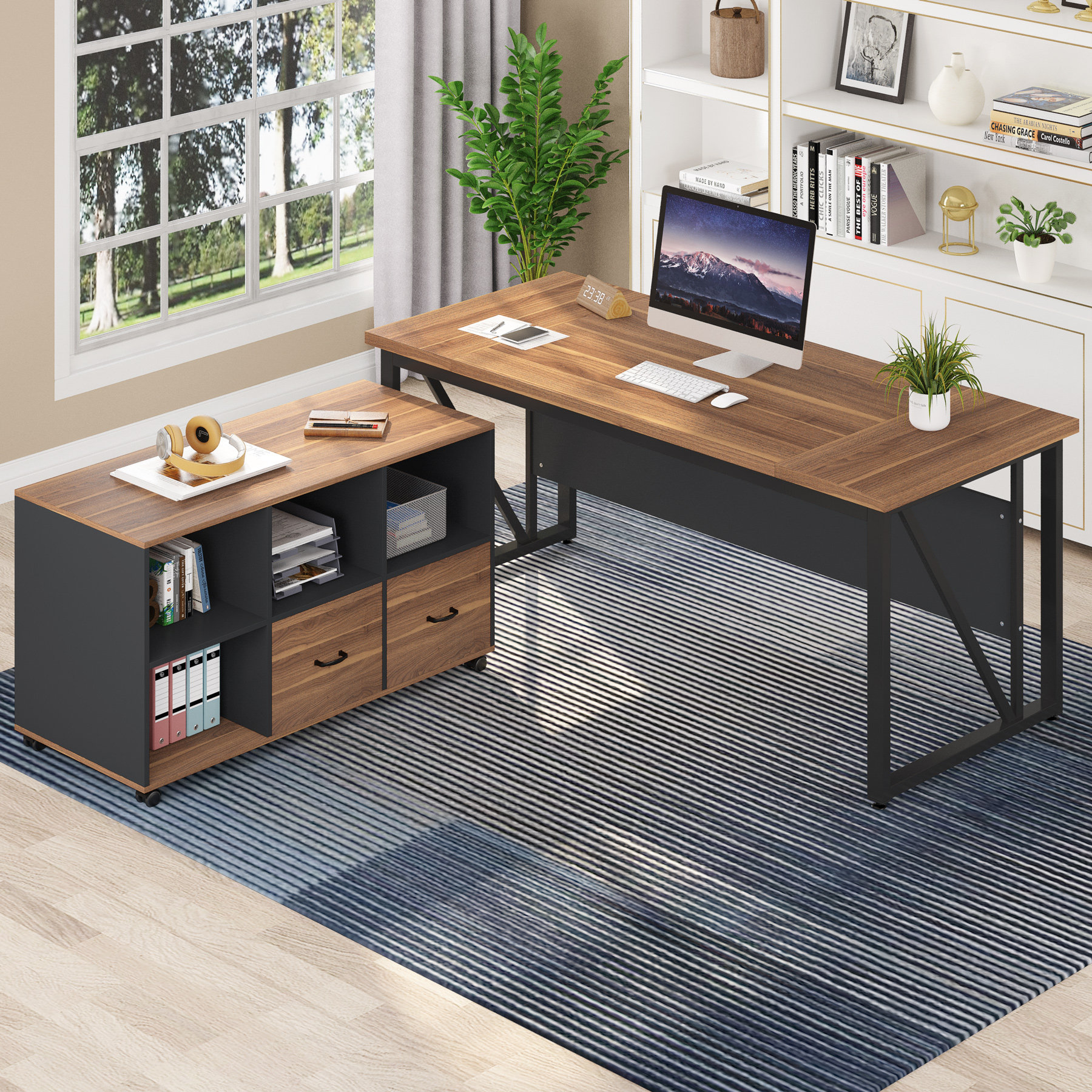 Inbox Zero Dineke L-Shape Executive Desk with Cabinet Credenza ...