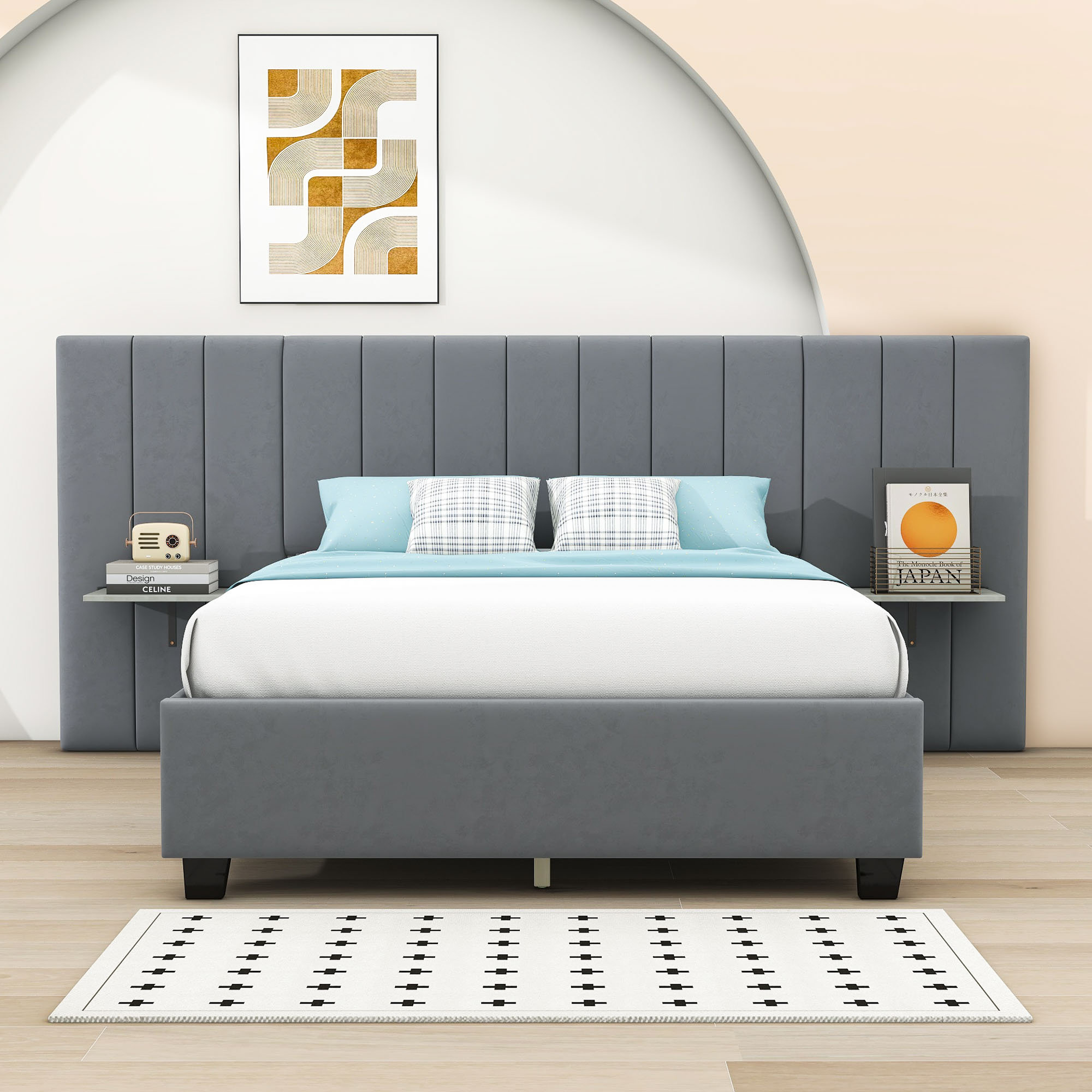 Latitude Run® Peg Upholstered Platform Bed with Headboard and Shelves ...