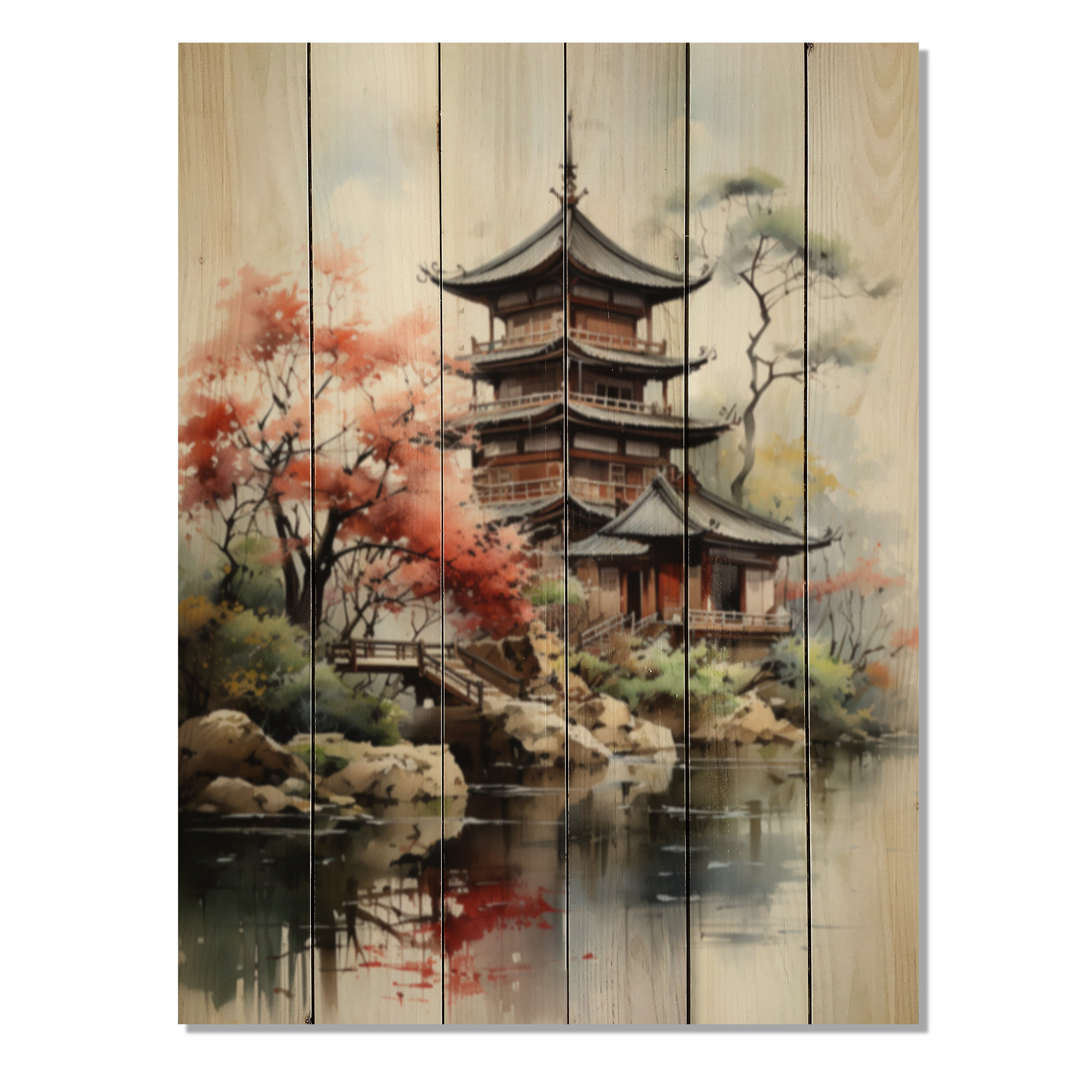 Red Barrel Studio® Asian Art Serene Pagoda IV Print on Natural Wood ...