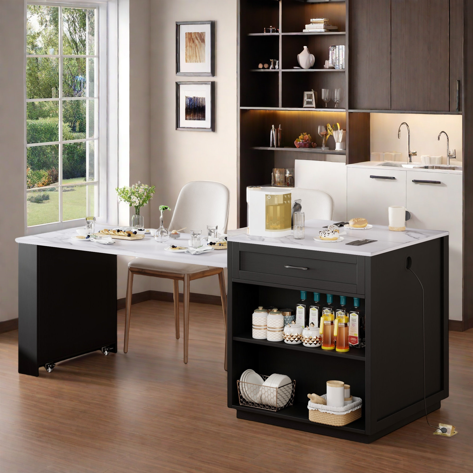 Ivy Bronx Kitchen Island With Extendable Dining Table, Power Outlet, 2 ...