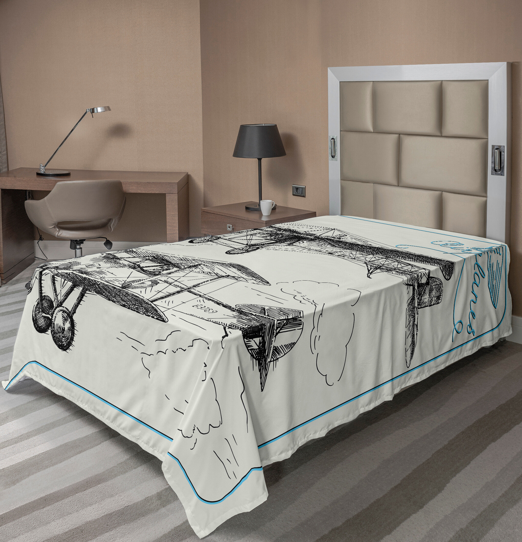 Ambesonne Nostalgic Top Flat Sheet Aircraft Jets in Sky Blue Black ...