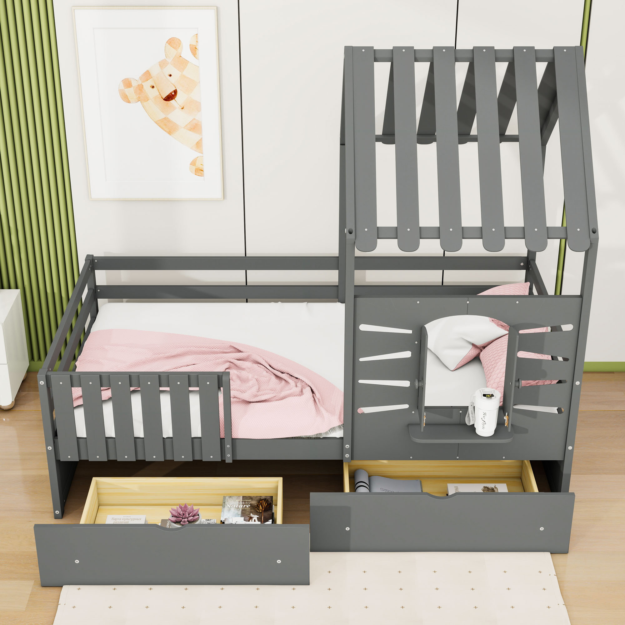 Gracie Oaks Twin Wood House Platform Bed with 2 Drawers | Wayfair