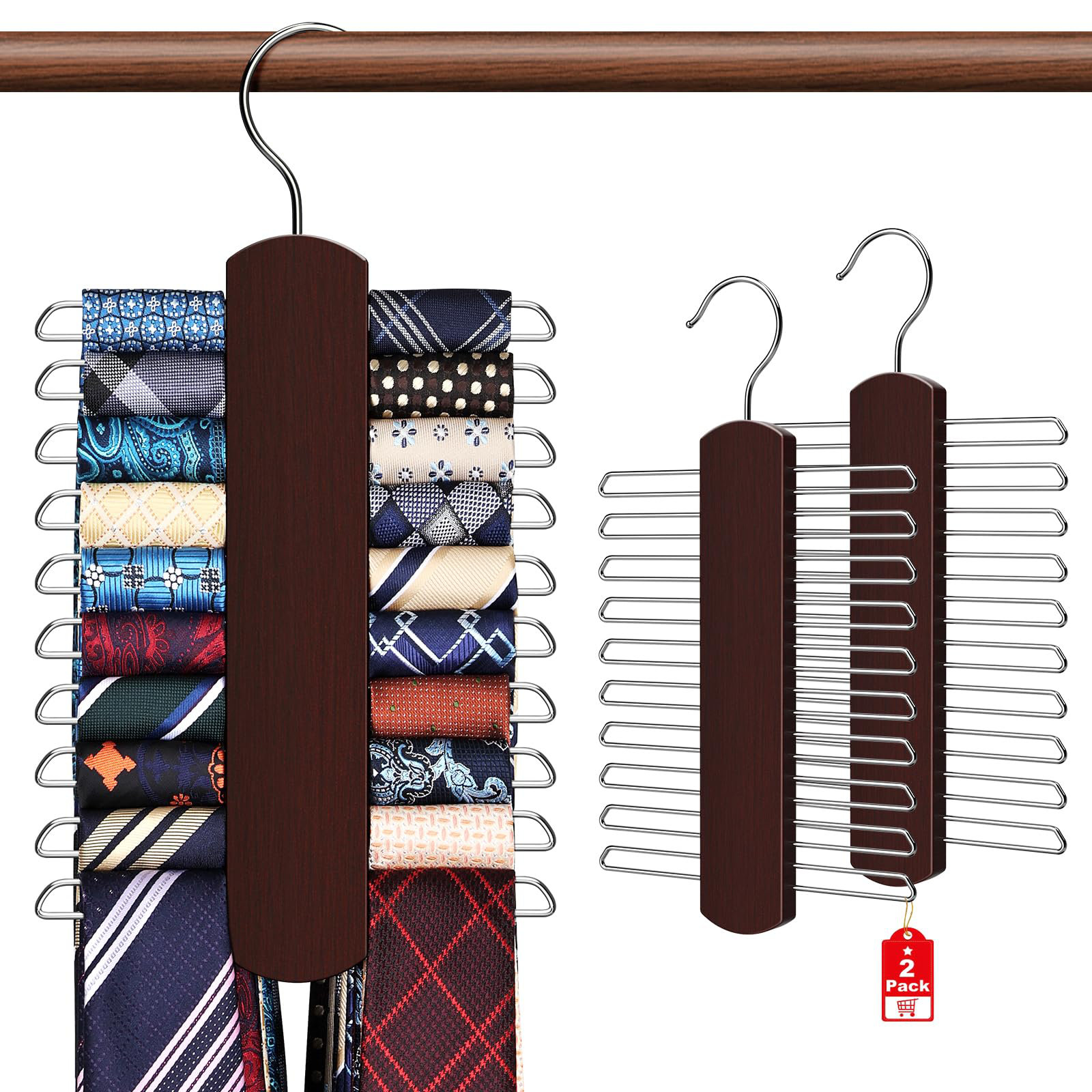 Rebrilliant 2 Pack Tie Rack For Closet, Premium Wooden Necktie ...