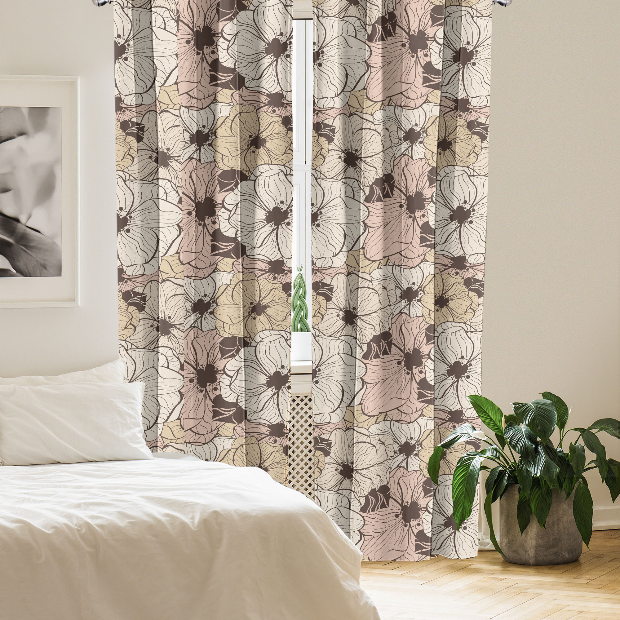 East Urban Home Floral Curtains Overlapping Flowers Plot Pair of Pale ...