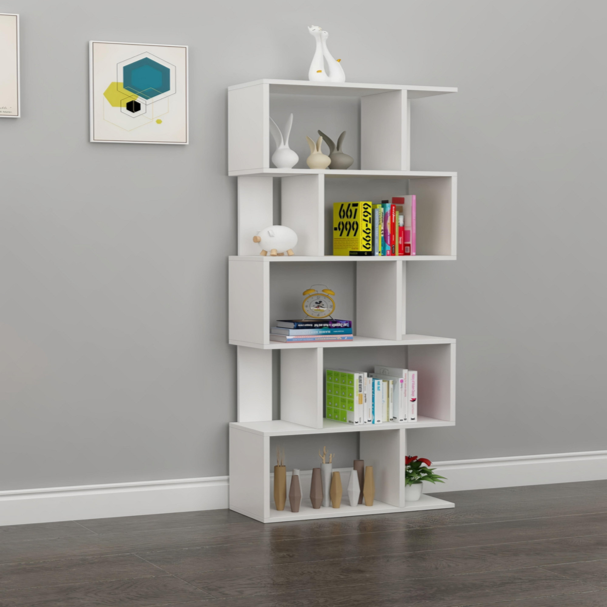 Ebern Designs 5-Tier Geometric Storage Shelf/Bookshelf, S Shaped ...