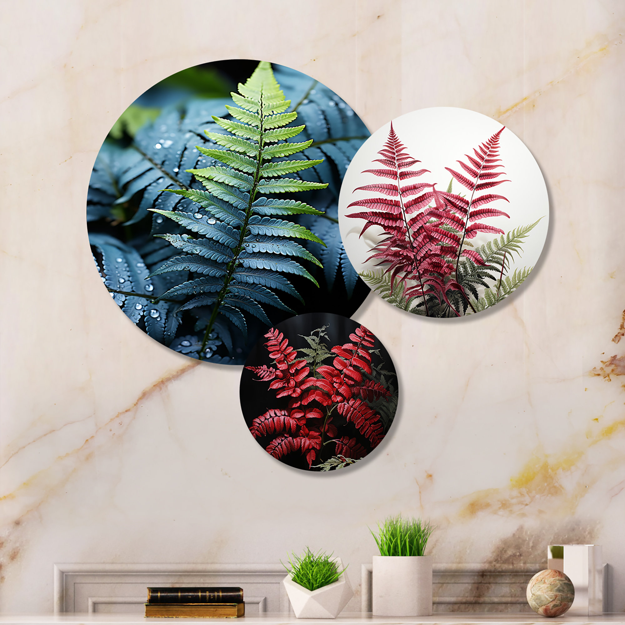 East Urban Home Ferns Ruby Essence I On Metal 3 Pieces Print | Wayfair