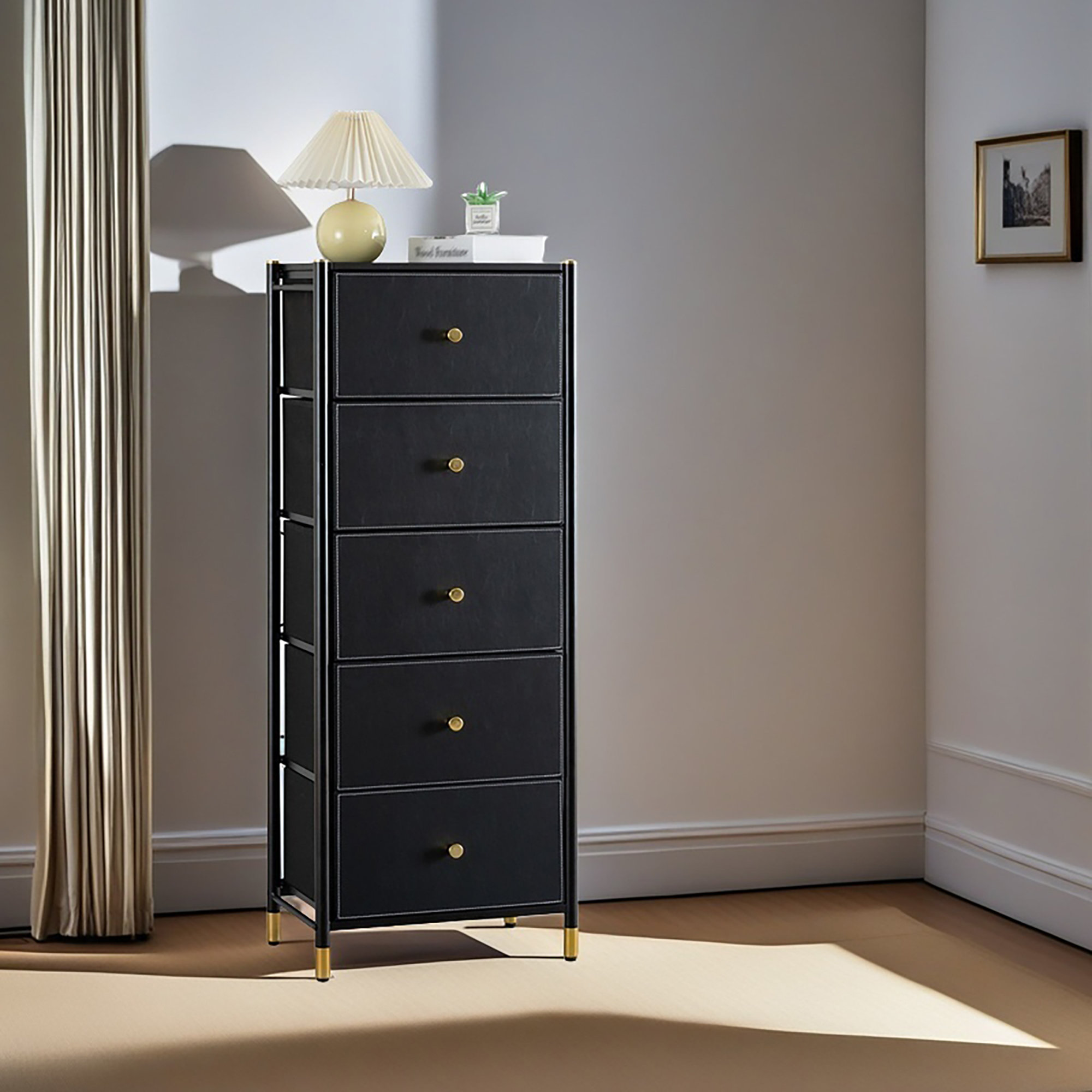 Mercer41 Drawer Dresser Cabinet, Tall Dresser With 5 PU Leather Front ...
