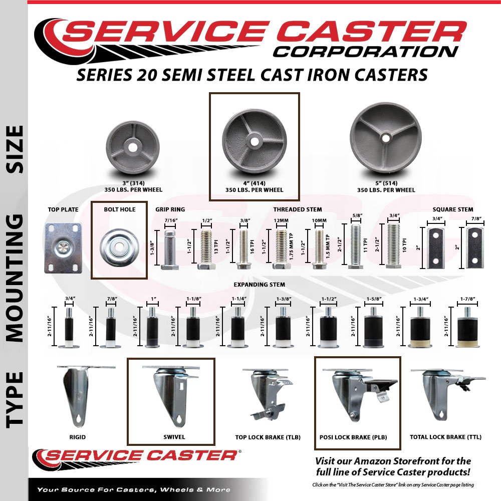 Service Caster Semi Steel Wheel Swivel Bolt Hole Set with 2 Posi Lock ...