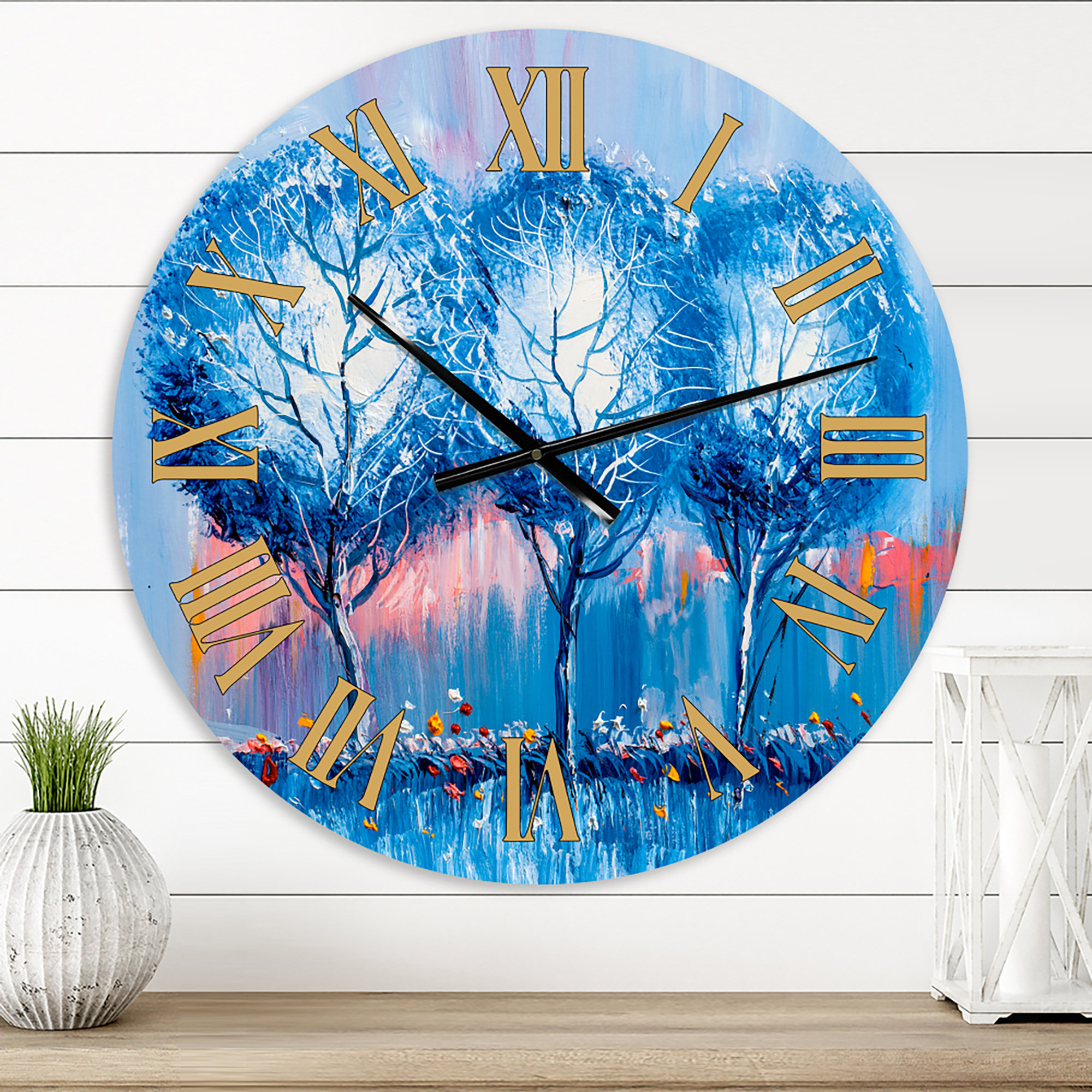 East Urban Home Tree Blue Trees During Sunset - Farmhouse wall clock ...