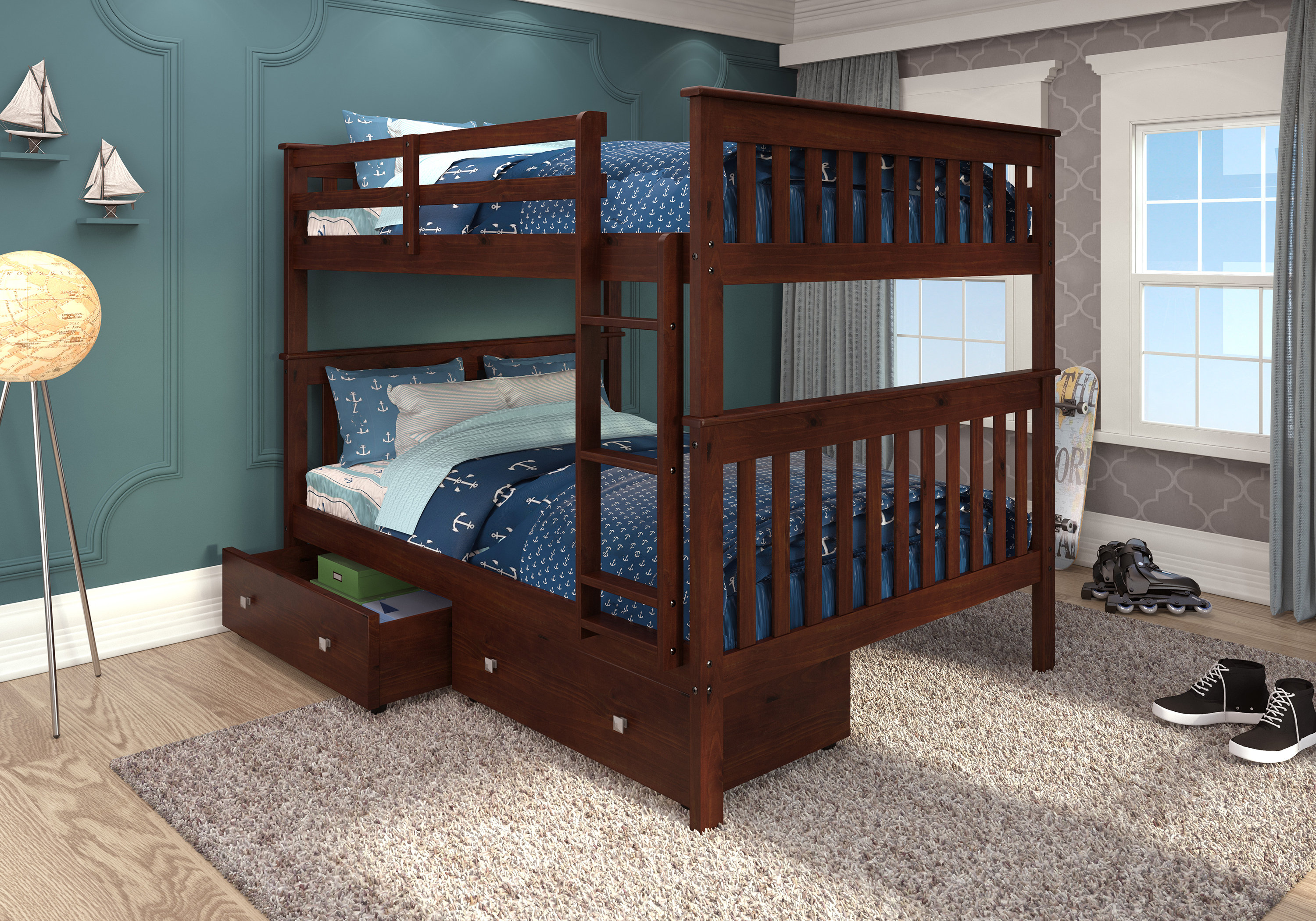 Donco Kids Full Over Full Mission Bunk Bed With Storage Drawers In ...