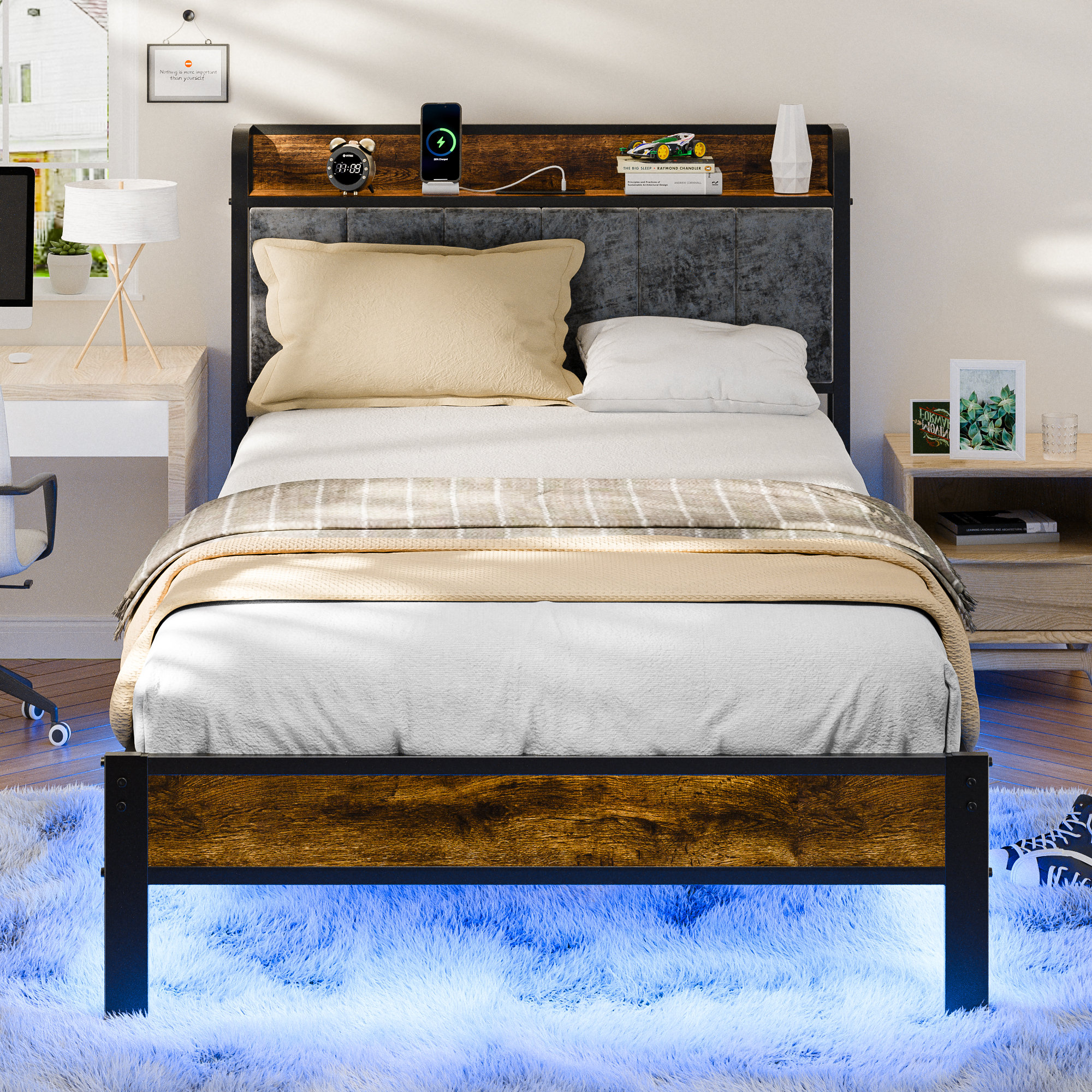 17 Stories Kenessa Bed Frame with LED Lights Underneath, Storage ...