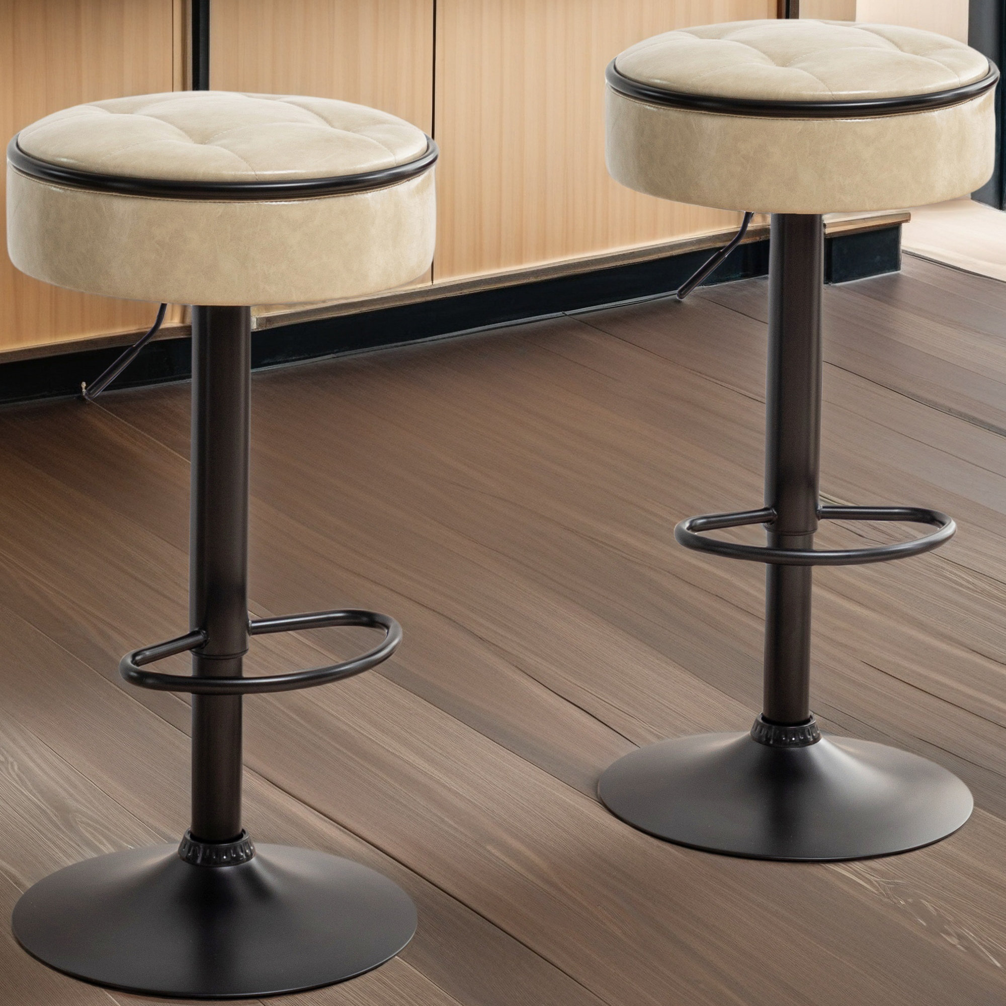 Latitude Run® Round Storage Bar Stool Set Of 2, Faux Leather Height ...