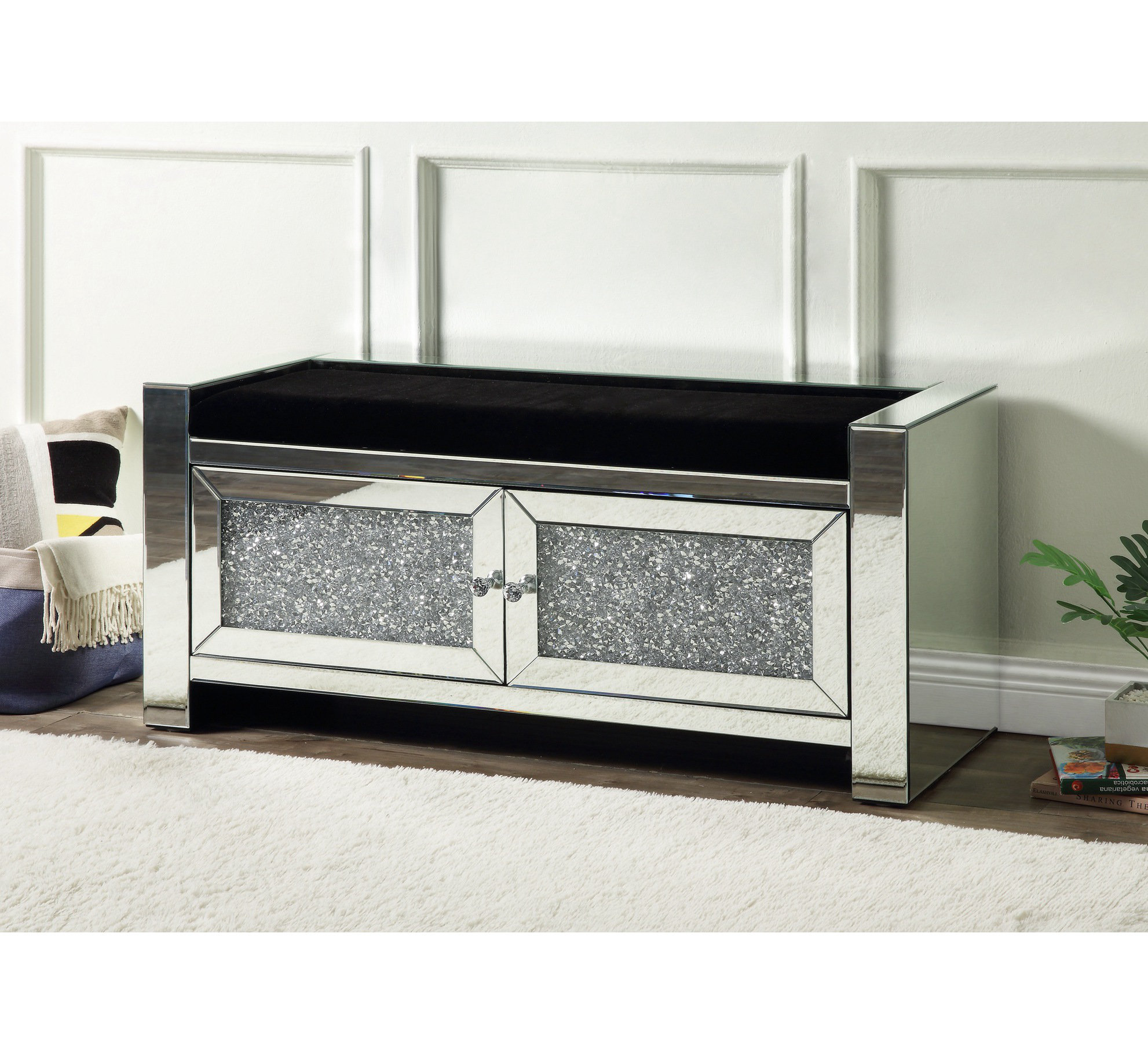 Everly Quinn Dant Upholstered Bench Mirrored & Faux Diamonds Bench ...