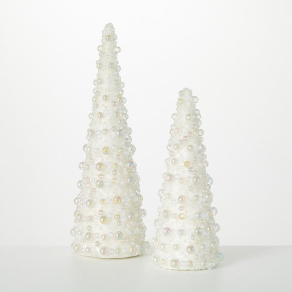 The Holiday Aisle® 16.5"H And 12.25"H Beaded Pearl Cone Tree Set ...