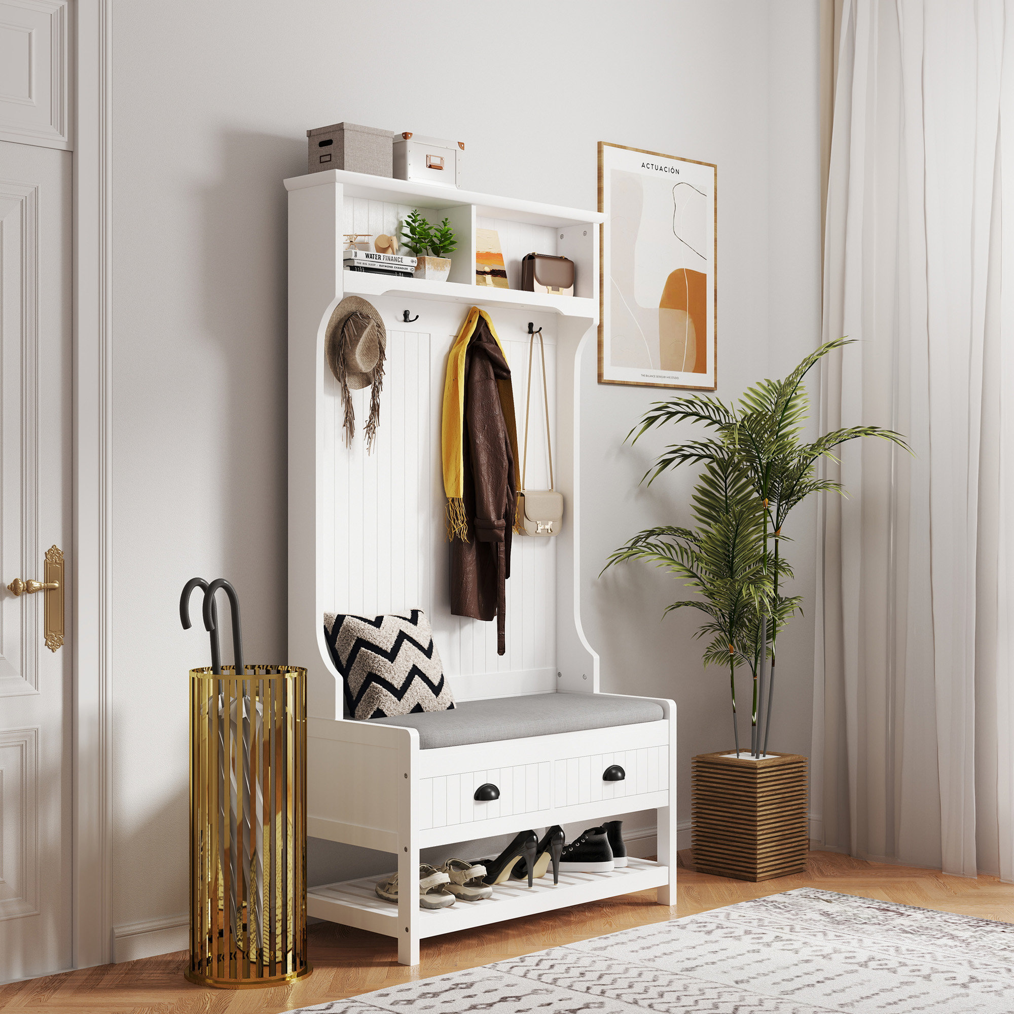 Lark Manor™ 3-In-1 Hallway Hall Tree With 2 Storage Drawer And 4 Coat ...